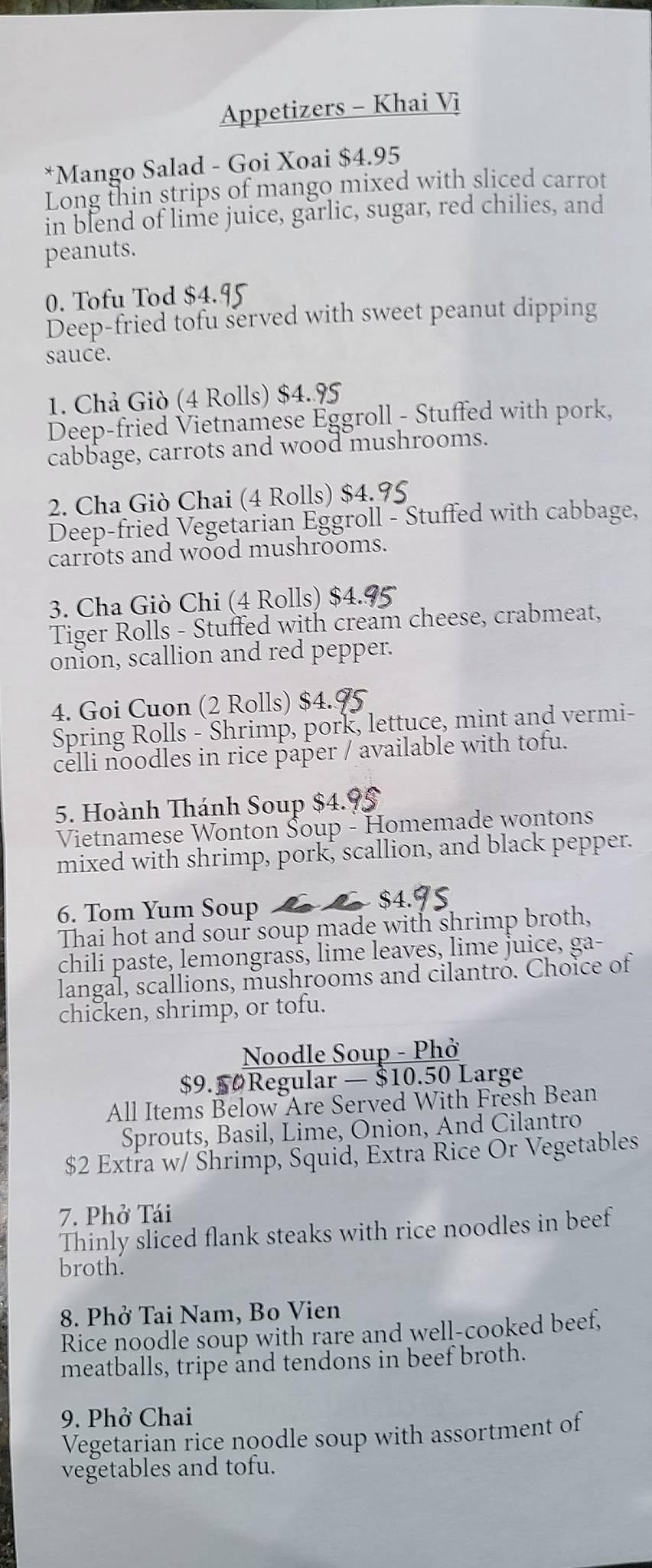 Menu at Pho Hong restaurant, Burlington