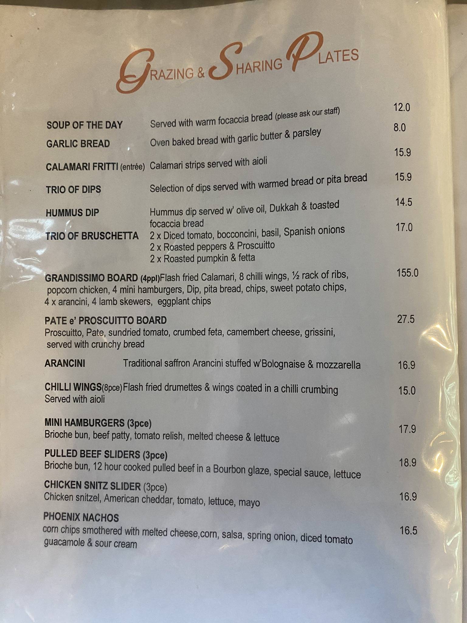 Menu at Phoenix and Co restaurant, Plenty