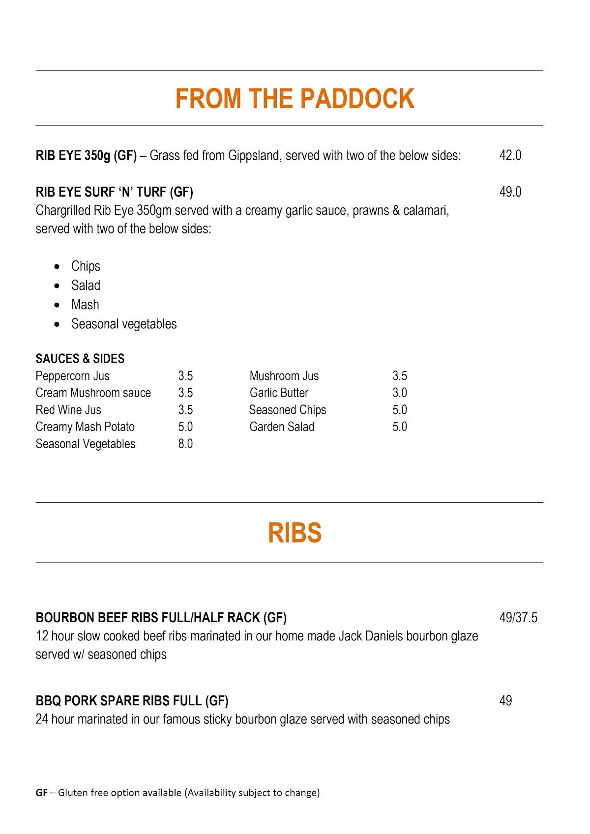 Menu at Phoenix and Co restaurant, Plenty