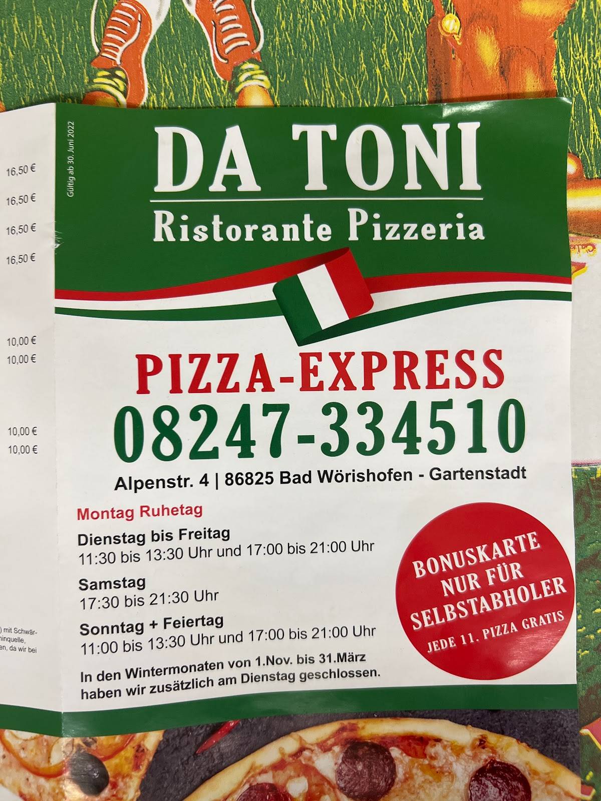 Speisekarte von PiZZA SERVICE DA TONi, Bad Wörishofen