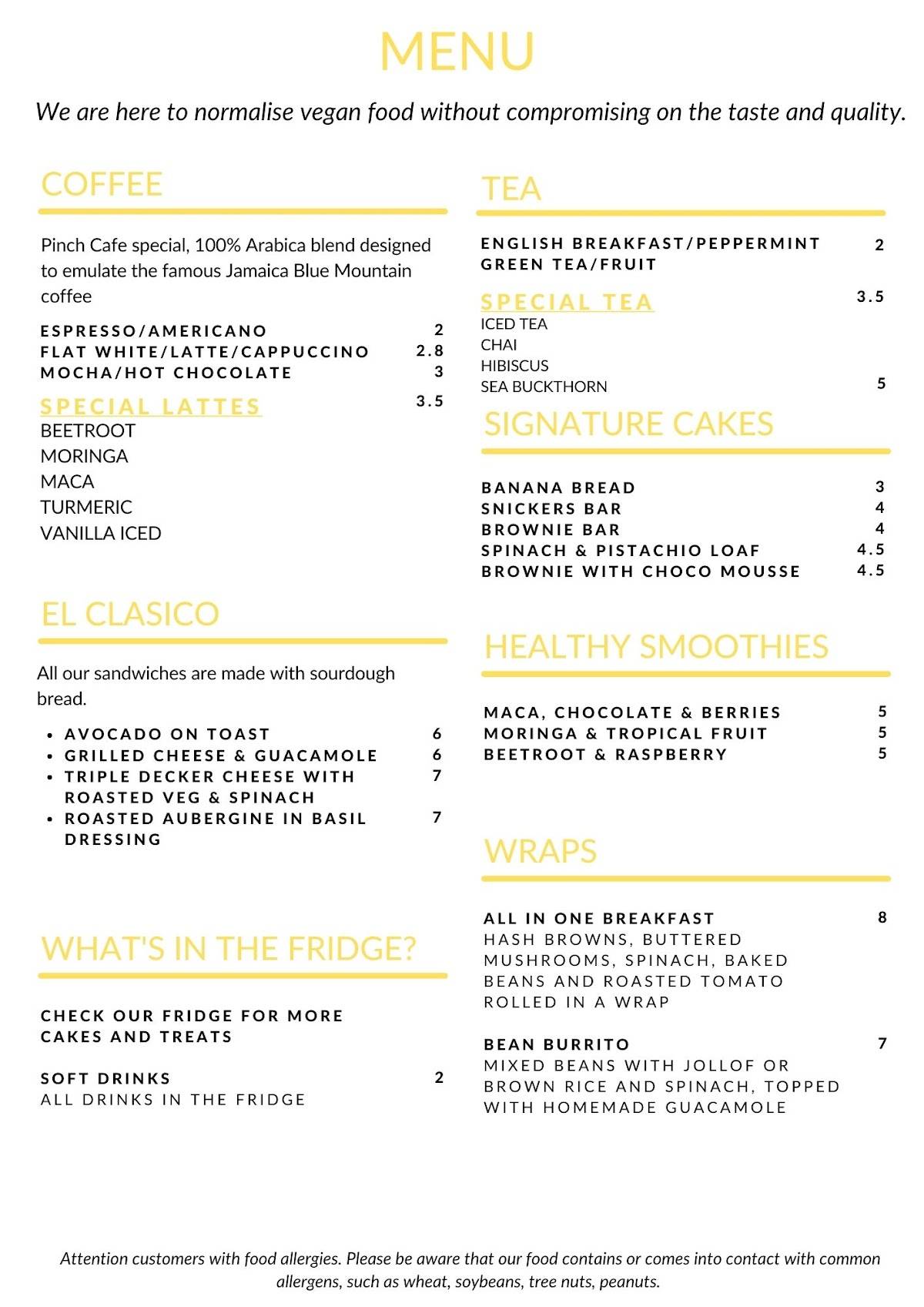 Menu at Pinch Cafe, London