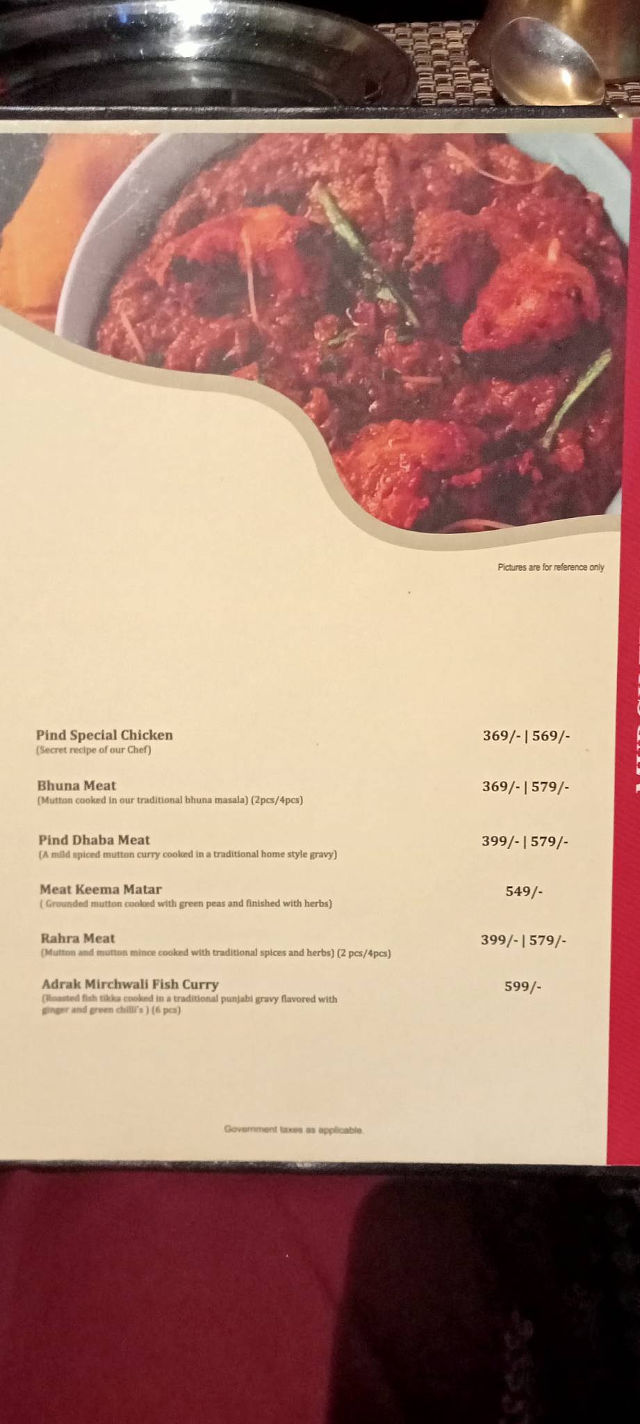 Menu at Pind Balluchi, Gorakhpur