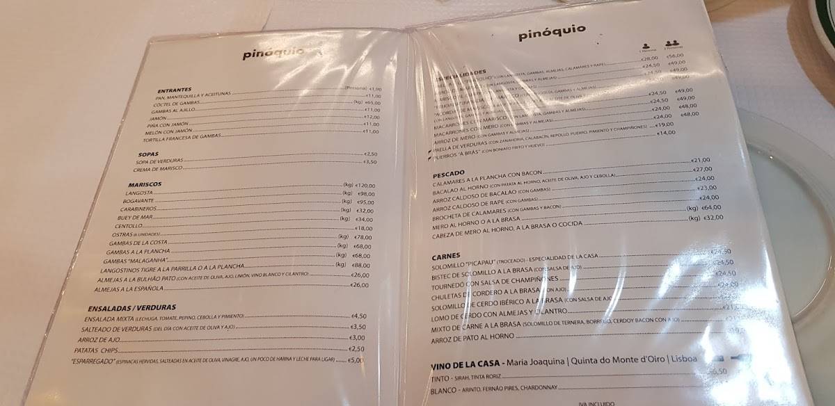 Menu at Pinóquio restaurant, Lisbon, Praça dos Restauradores 79 80