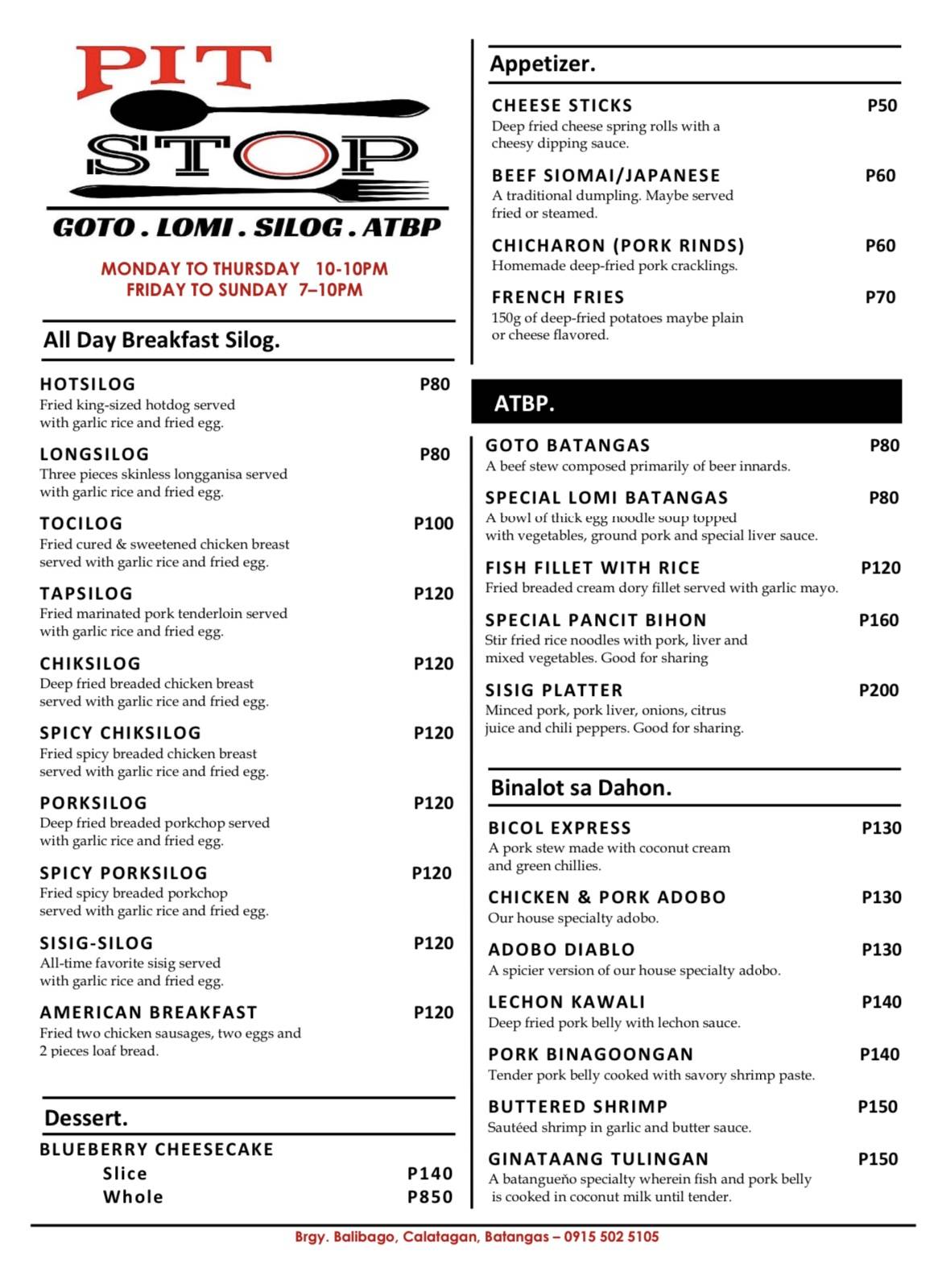 Menu at Pit Stop - Goto.Silog.ATBP restaurant, Calatagan