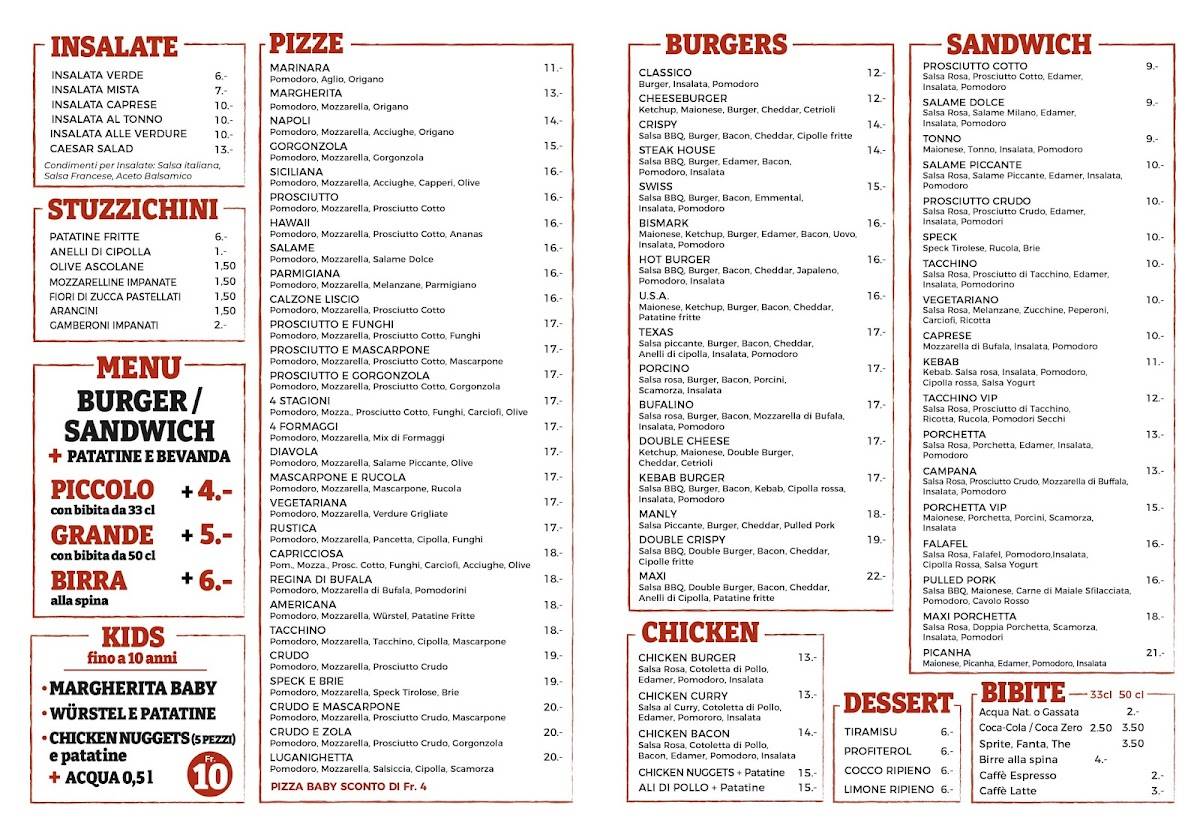 Speisekarte von Pizza Burger Lugano, Lugano