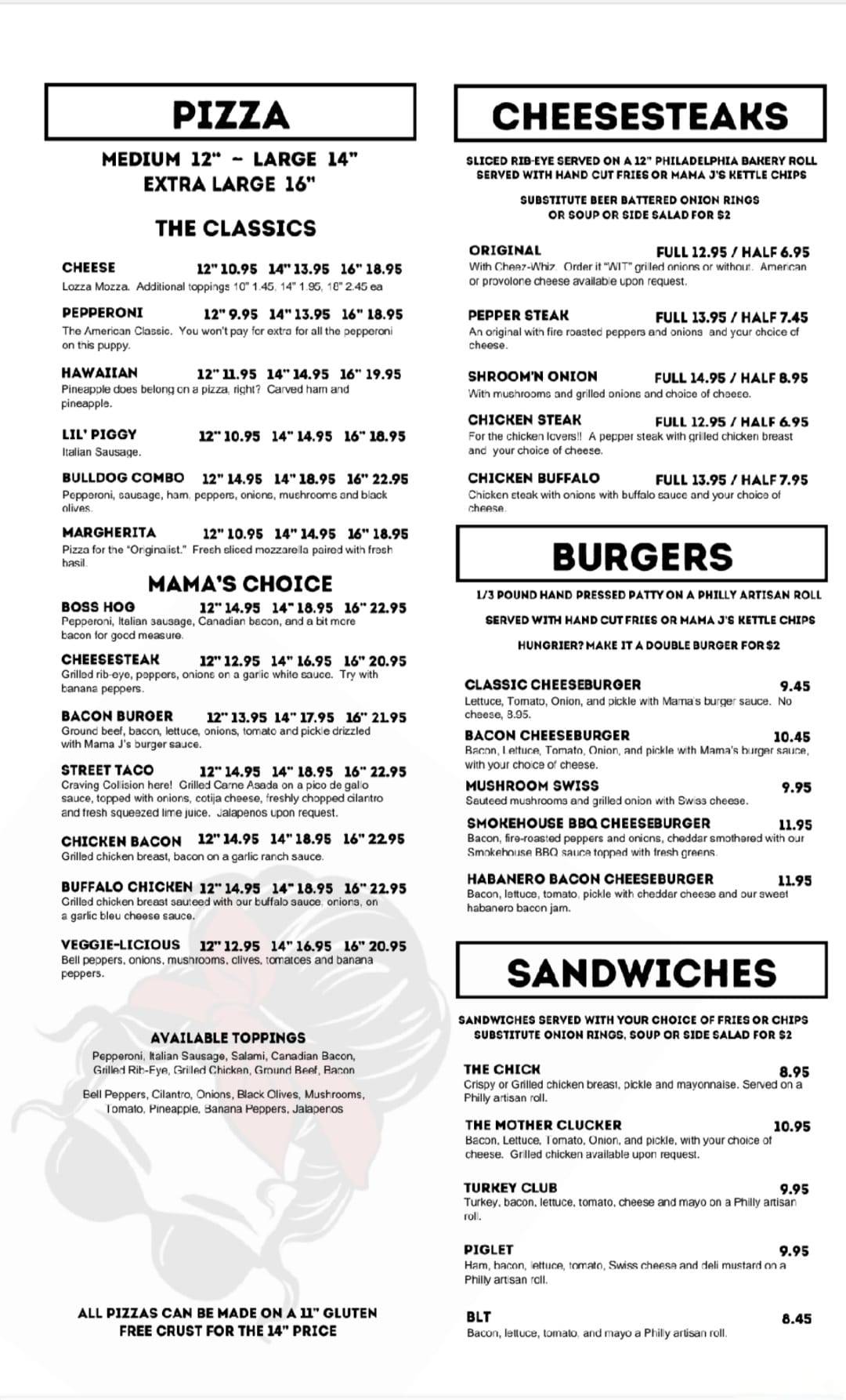 Menu at Mama J's on Main Pizza & More pizzeria, Nyssa