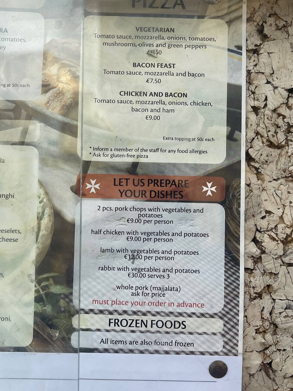 Menu at Mekren's Bakery, Nadur