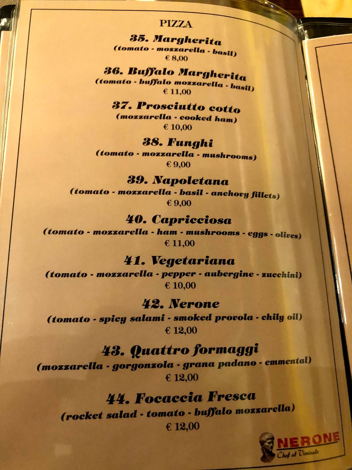 Menu at Nerone pizzeria, Rome, Via del Viminale
