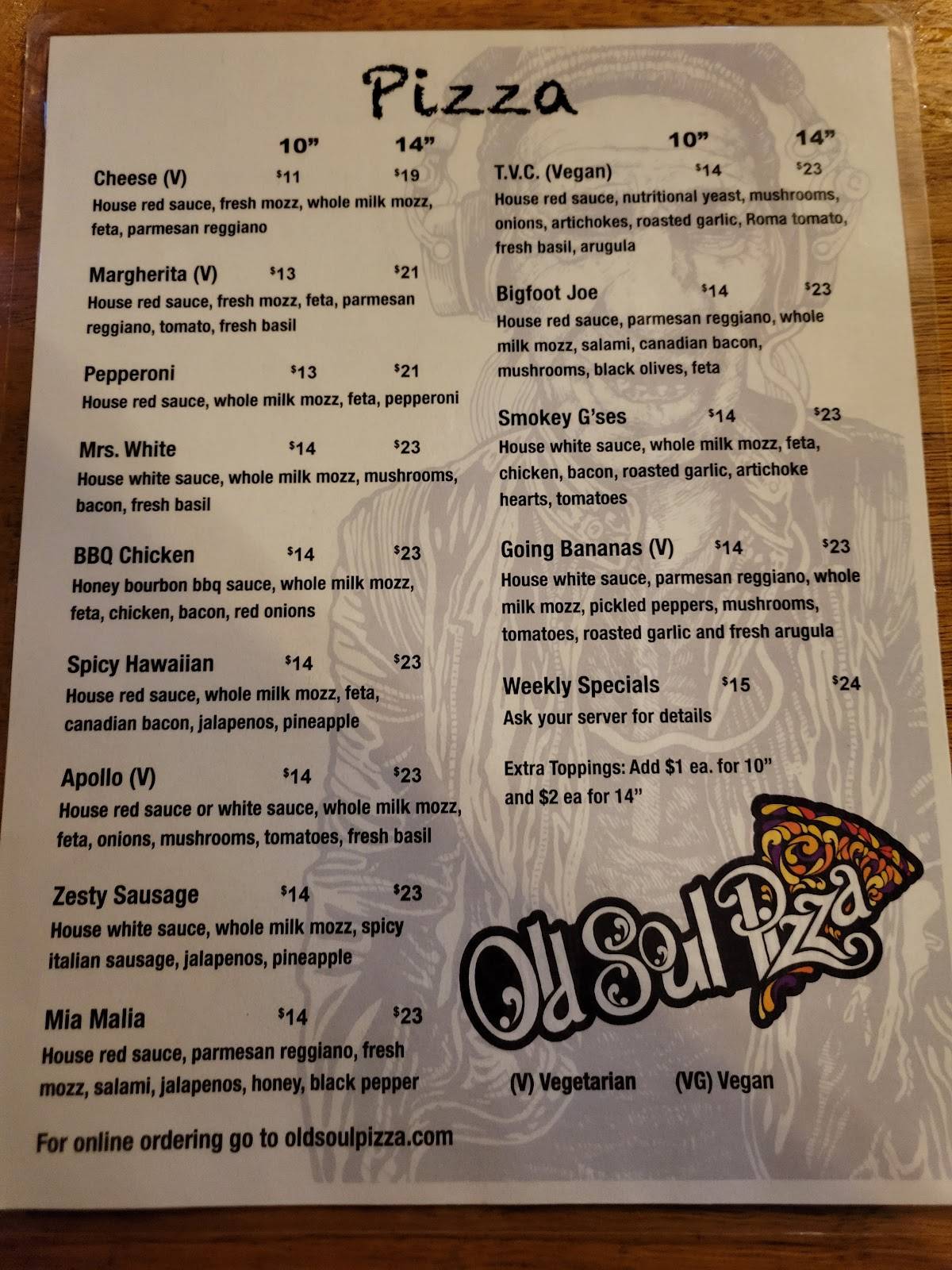 Menu at Old Soul Pizza pizzeria, Roseburg, 525 SE Main St