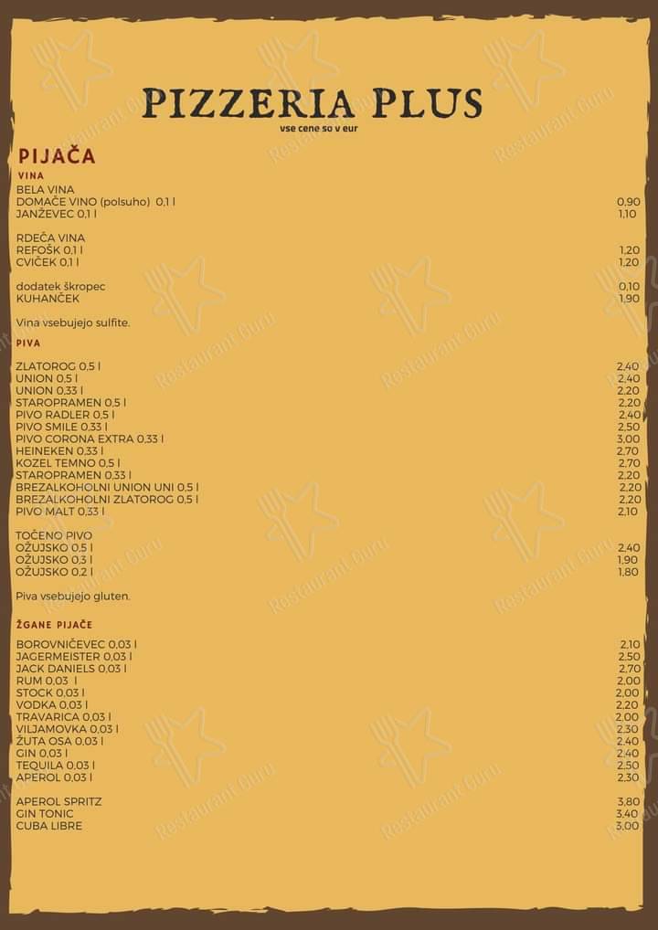 Menu at Pizzeria Plus, Ruše