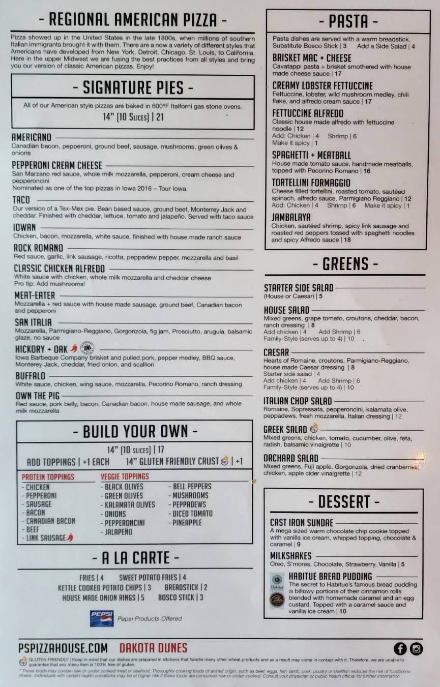 Menu at P's Pizza House pizzeria, Dakota Dunes