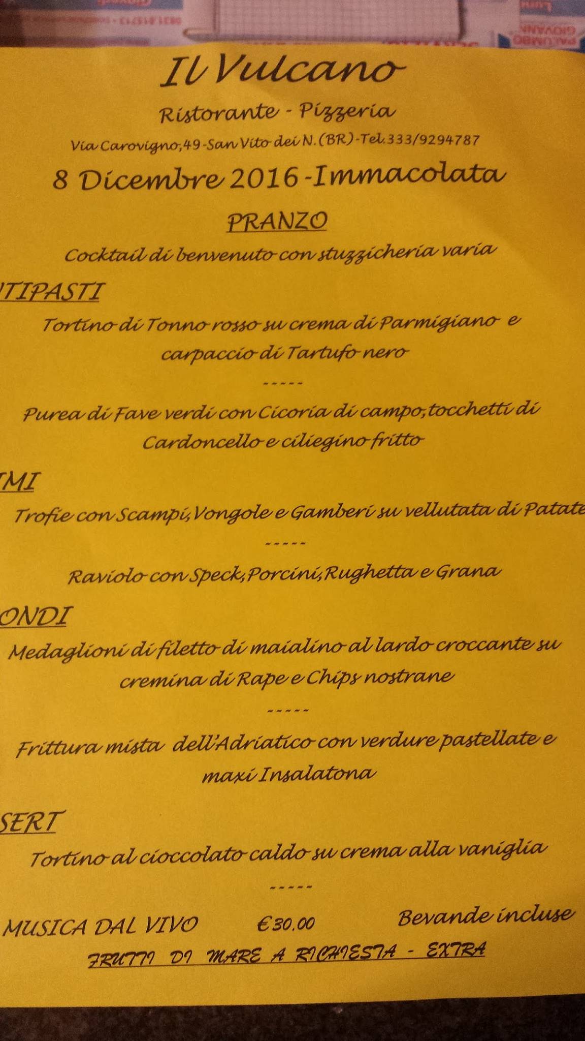 Menu da Ristorante Pizzeria "Il Vulcano", San Vito dei Normanni