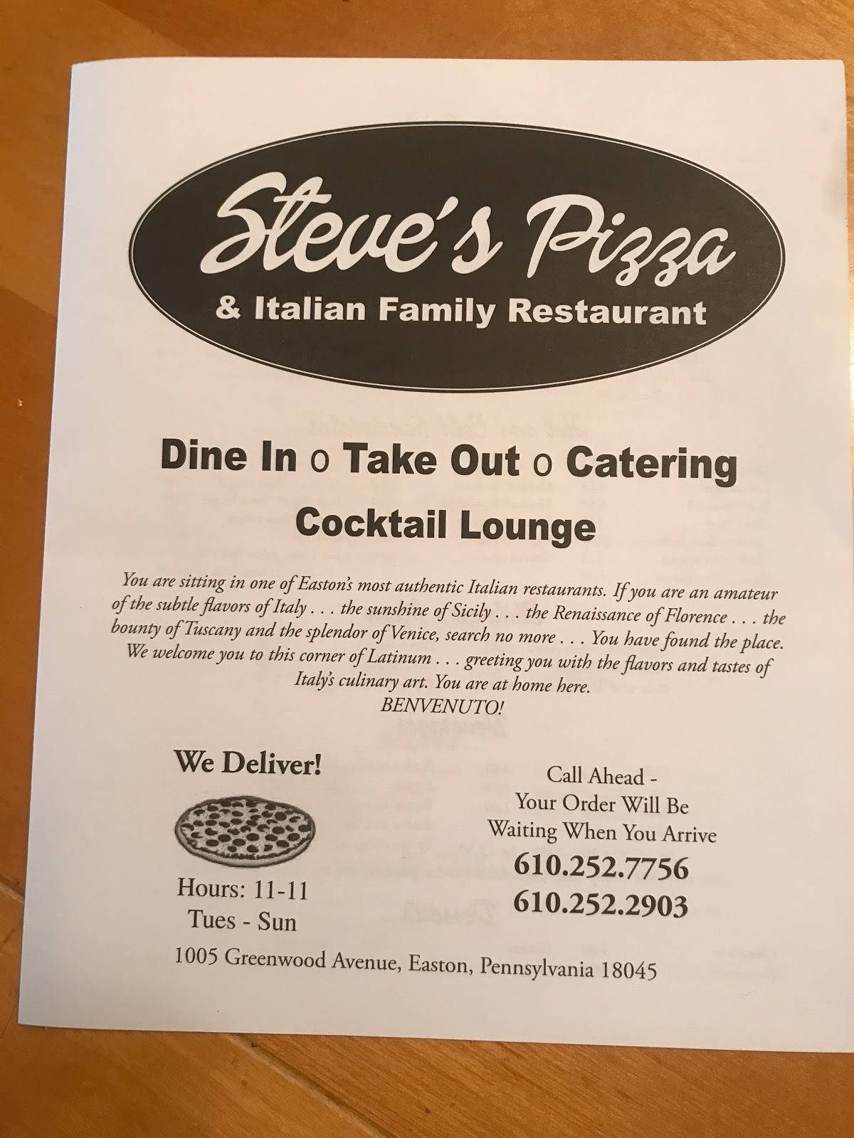 Menu at Steve's Pizzeria, Easton, S Greenwood Ave