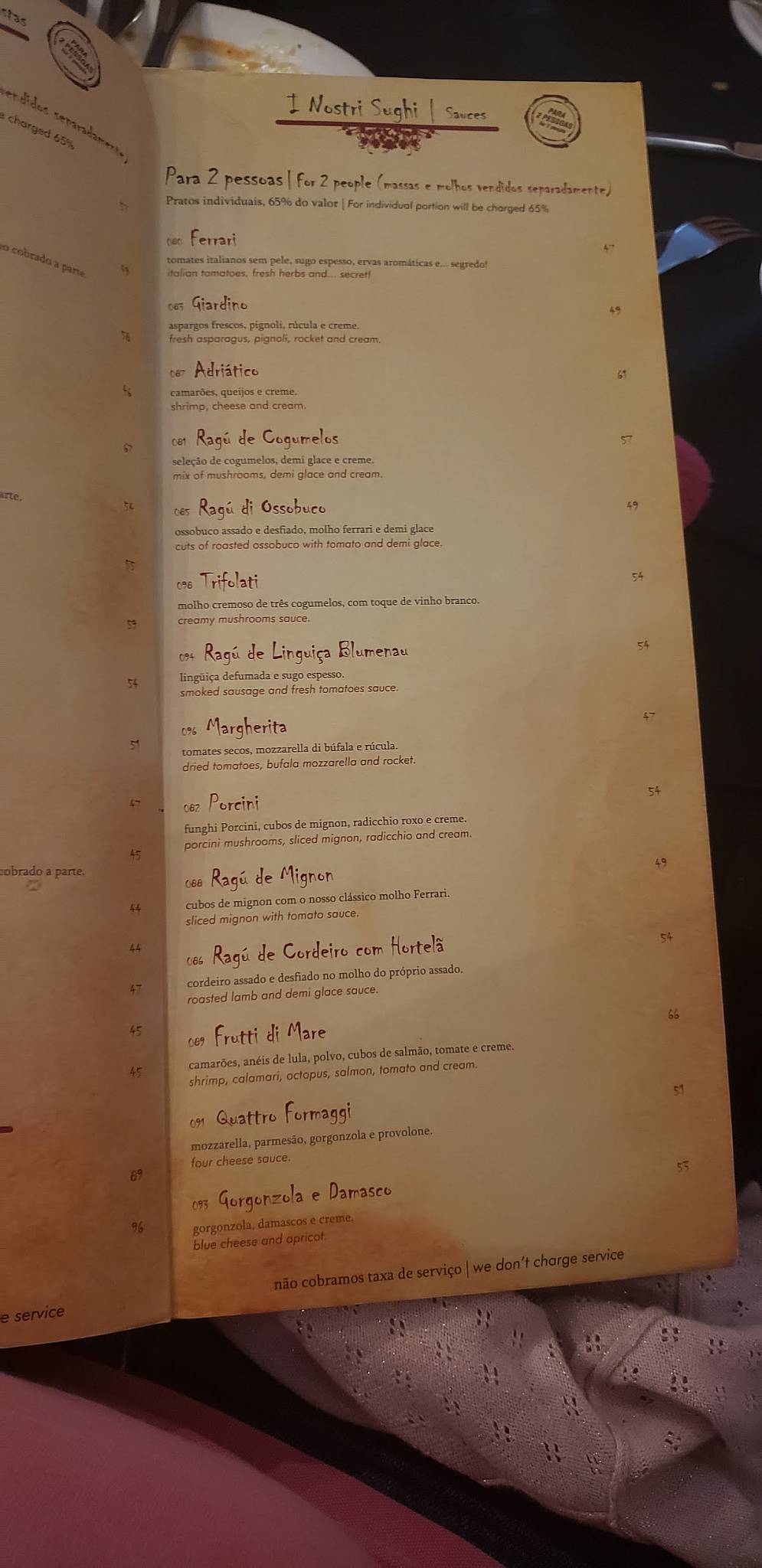 Menu em Porcini Trattoria restaurante, Curitiba