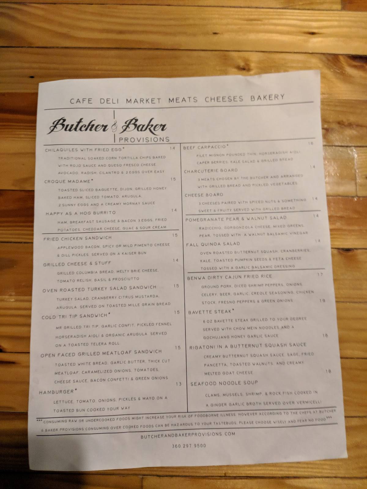 Menu at Butcher & Baker Provisions restaurant, Port Gamble