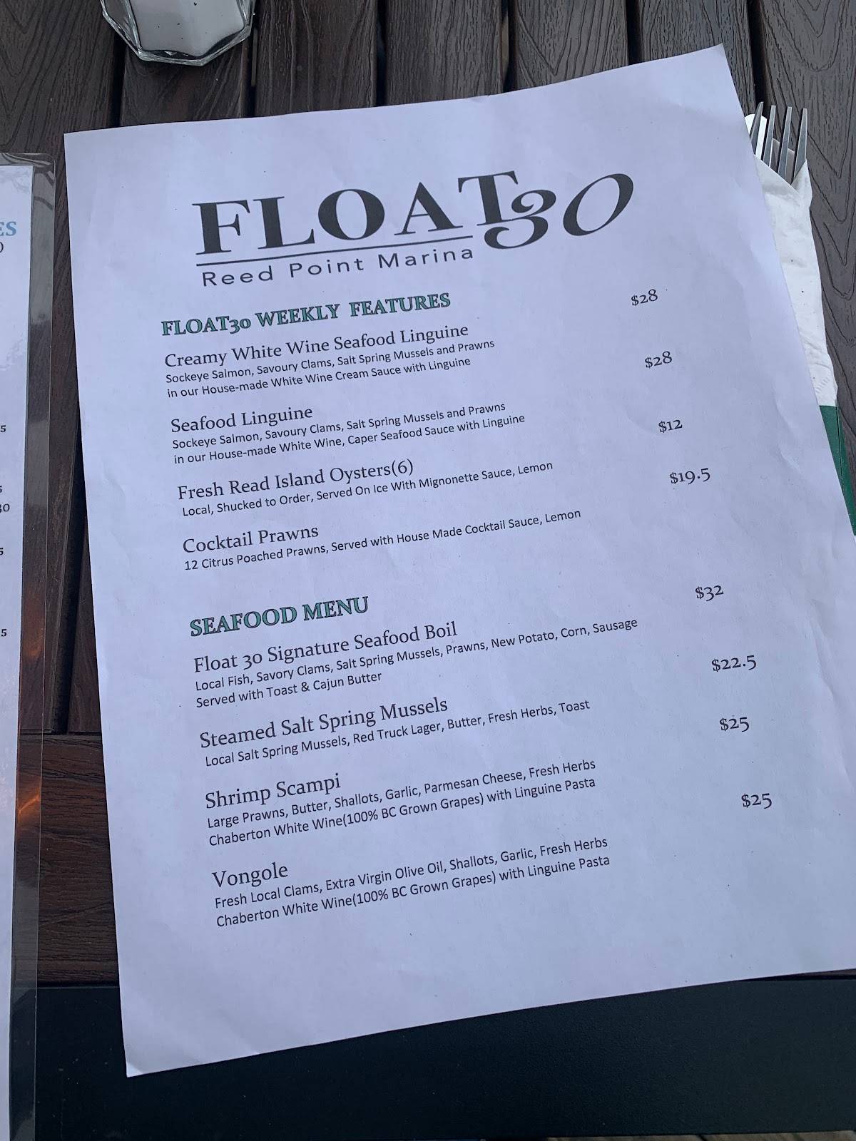 Menu at Float 30 restaurant, Port Moody