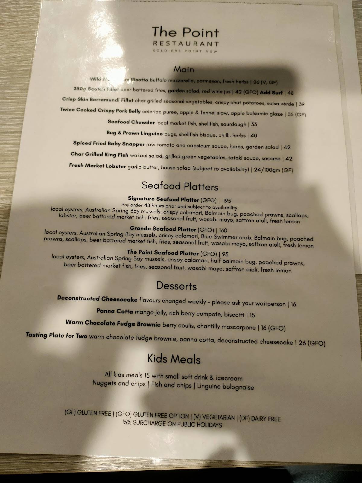Menu at The Point Restaurant, Soldiers Point