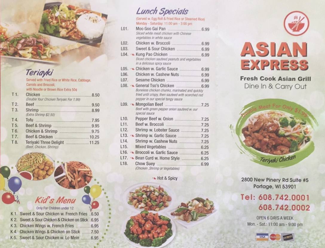 Menu at Asian Express restaurant, Portage, New Pinery Rd #5