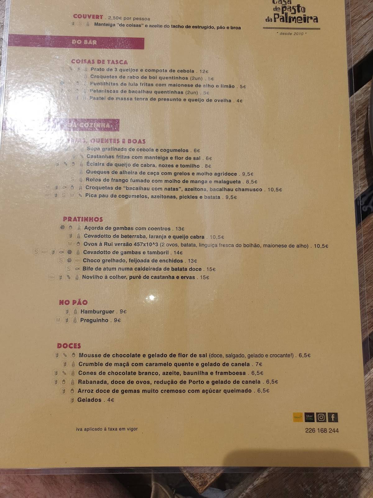 Menu at Casa de Pasto da Palmeira restaurant, Porto