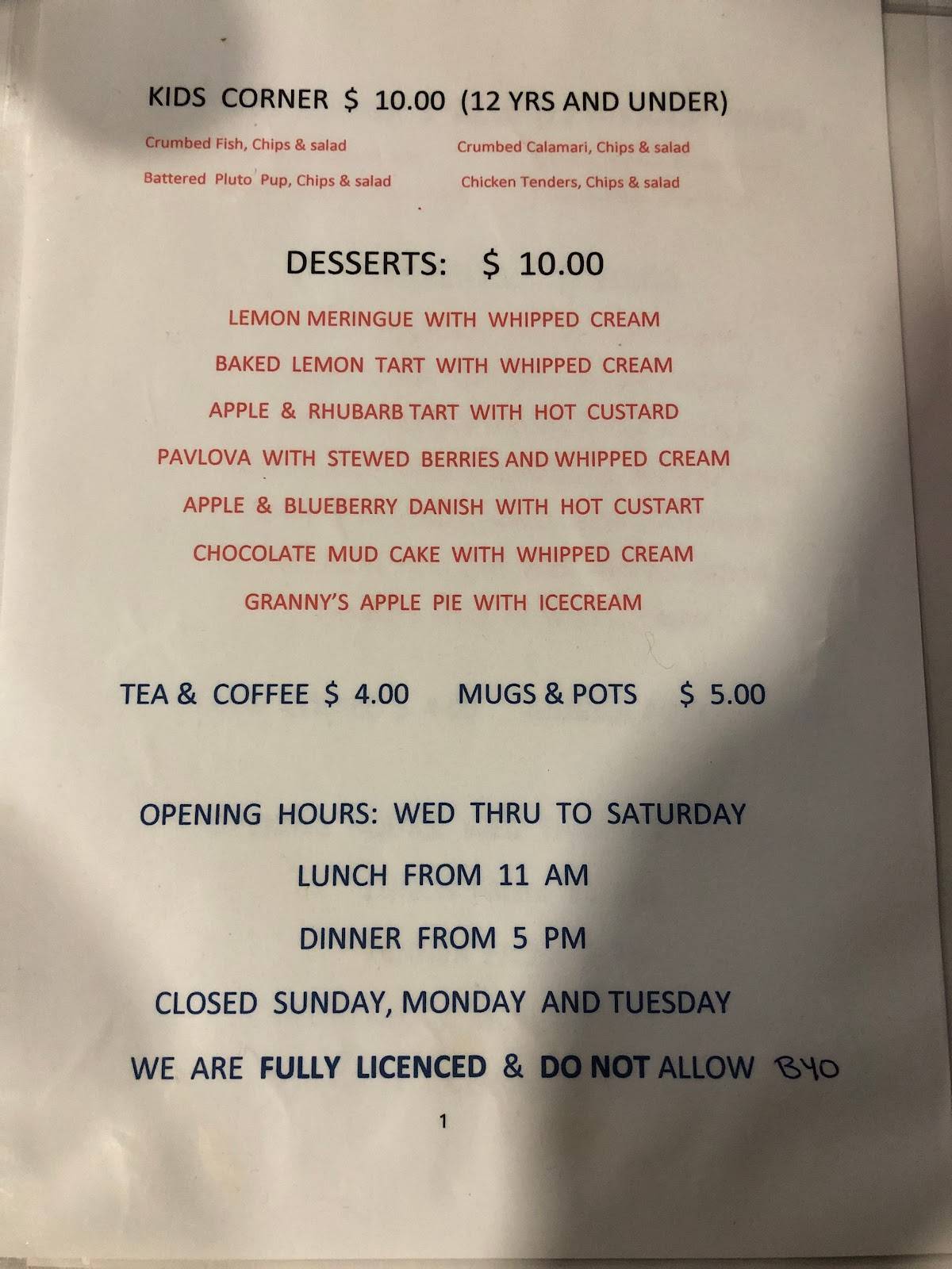 Menu at Portside Seafood Restaurant, Buddina