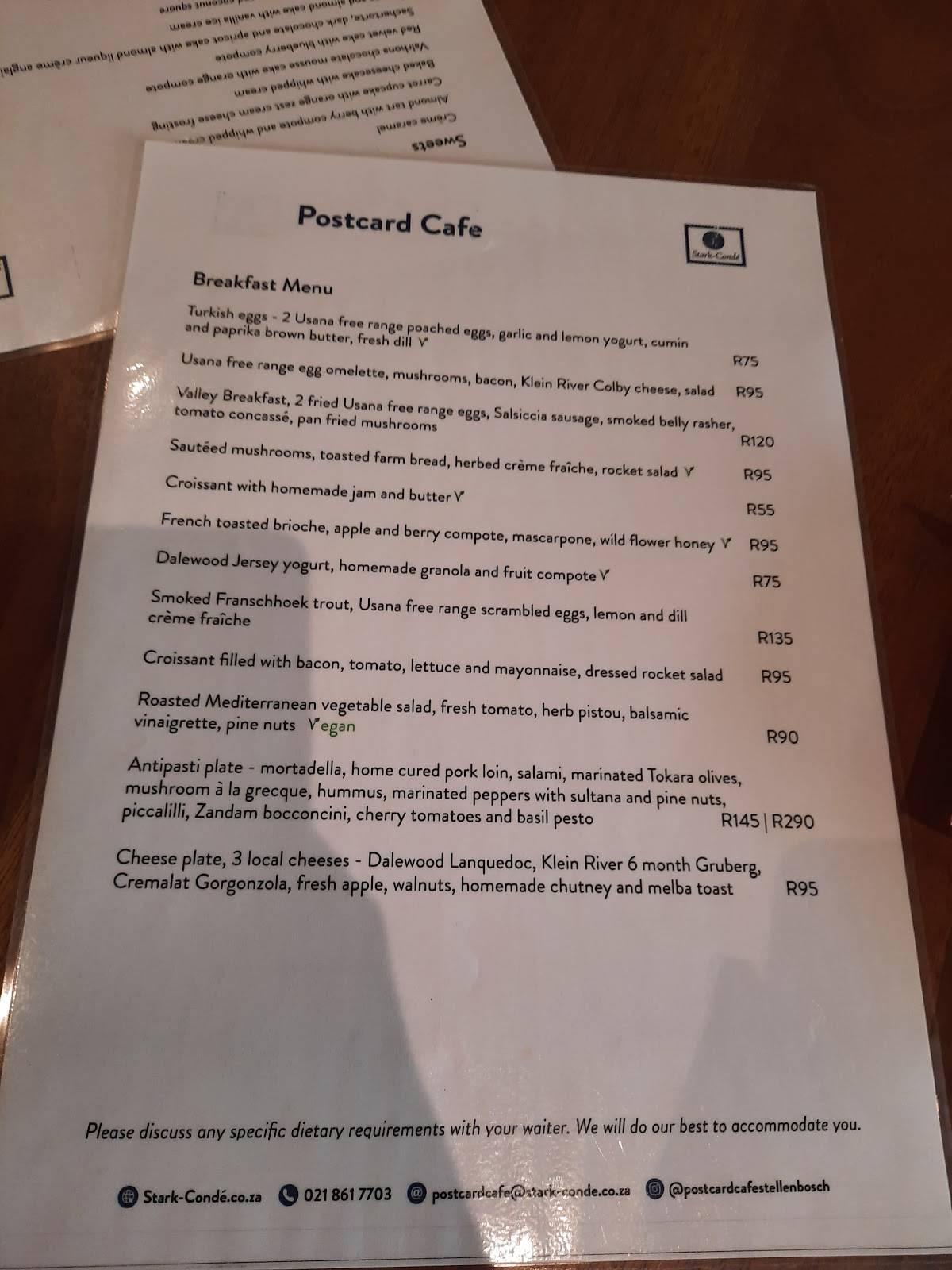 Menu at Postcard Café at Stark-Condé Wines cafe, Stellenbosch