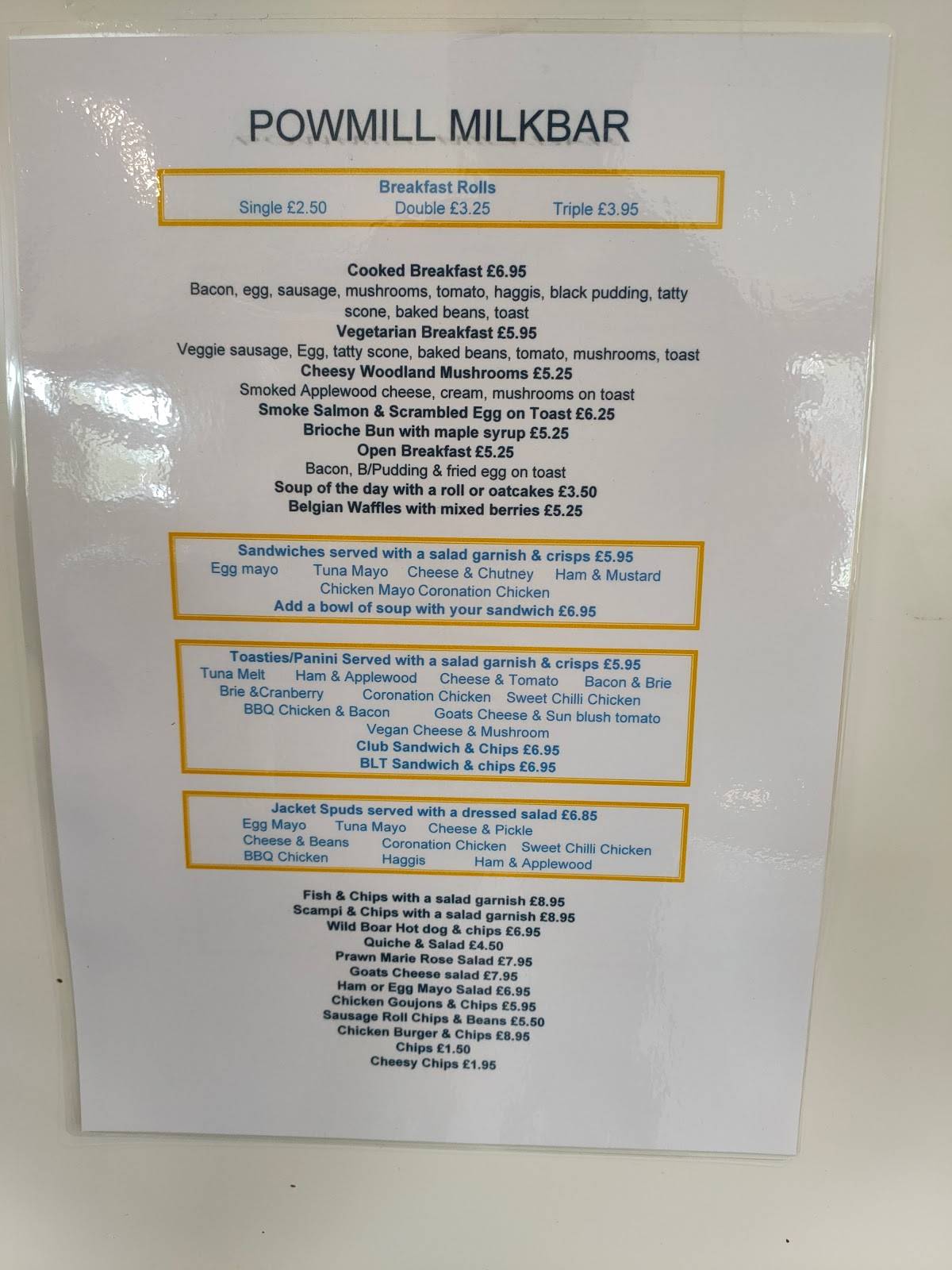 Menu at Powmill Milk Bar LTD, England, Rumbling Bridge