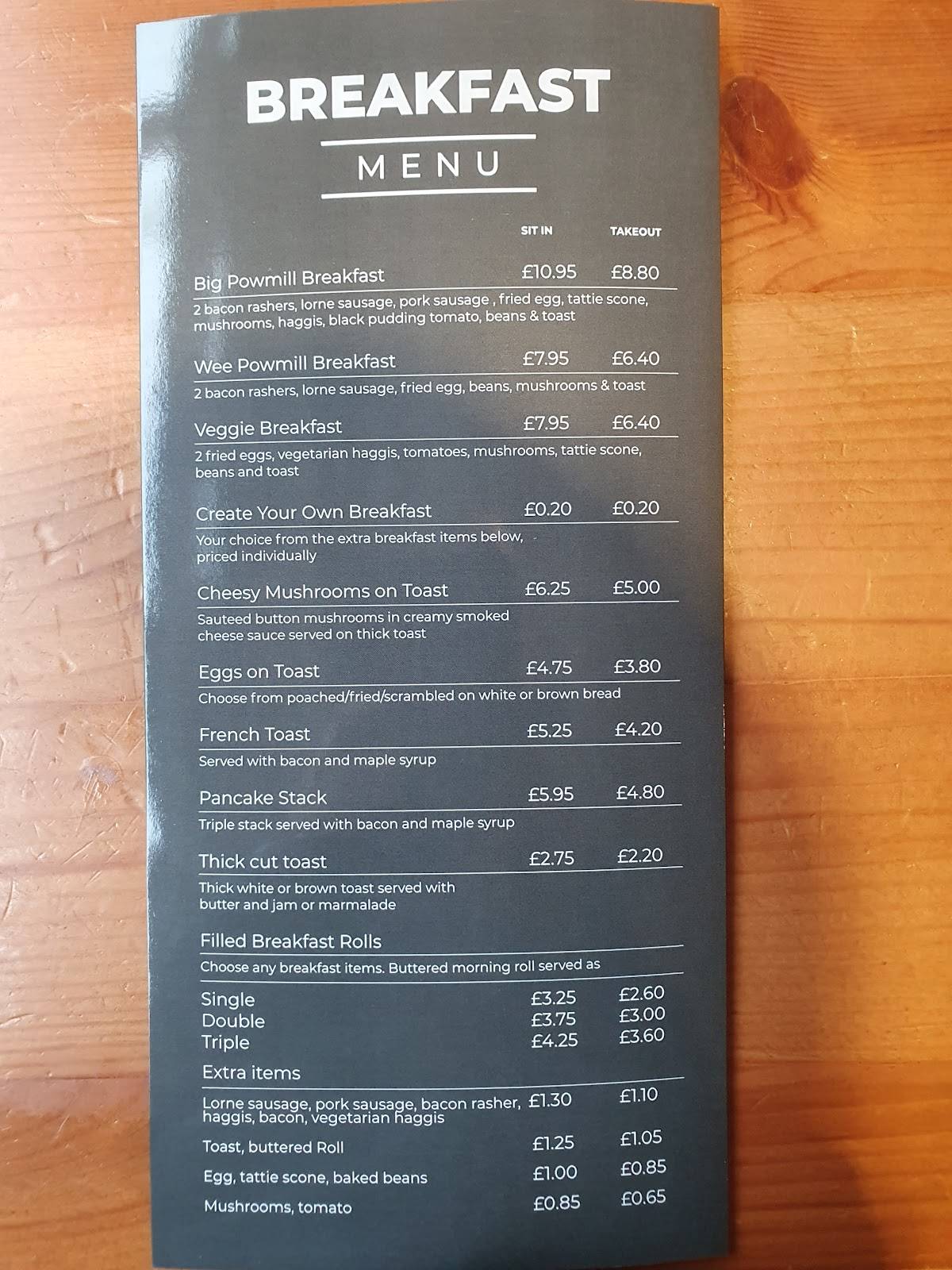 Menu at Powmill Milk Bar LTD, England, Rumbling Bridge