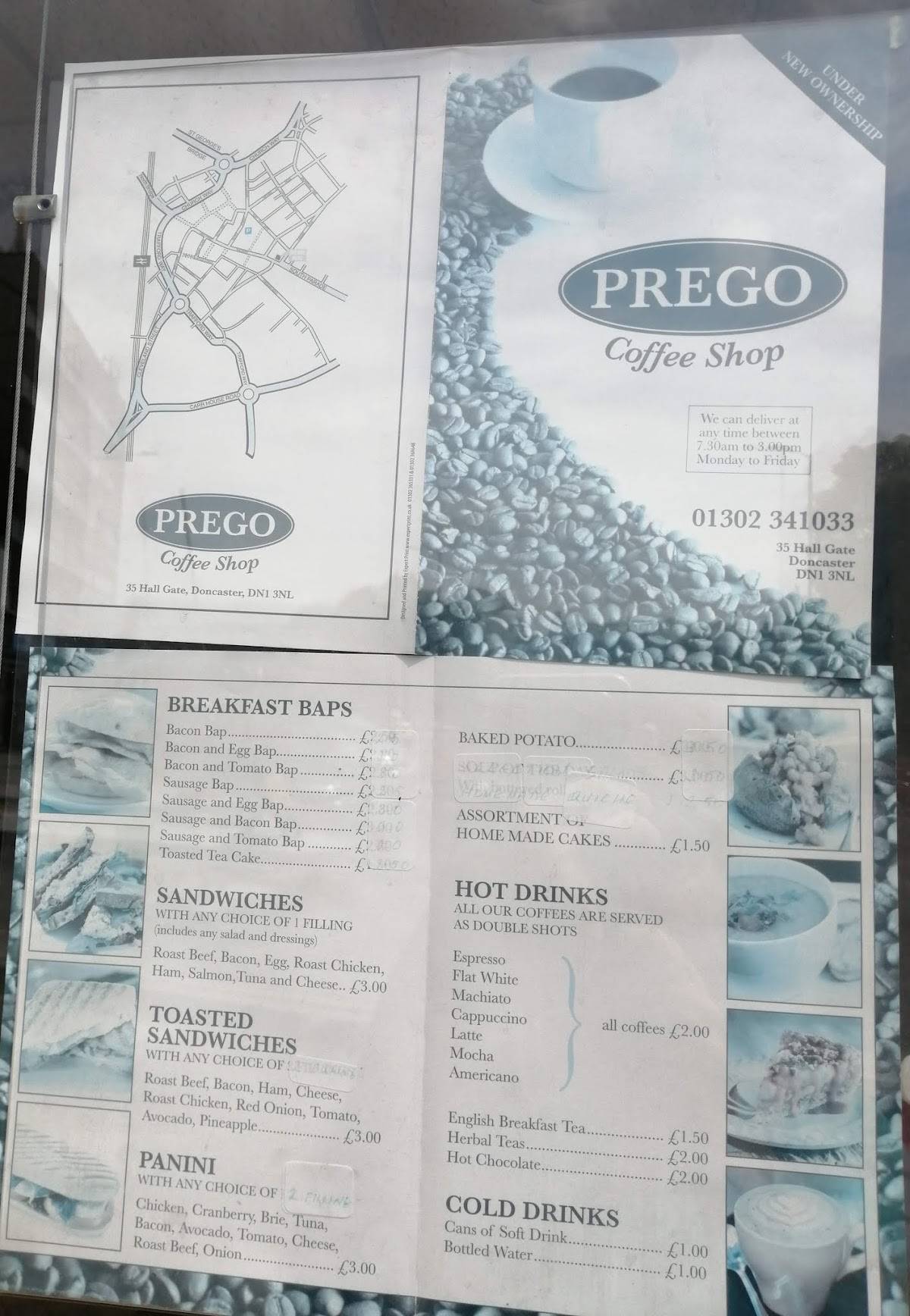 Menu at Prego cafe, Doncaster