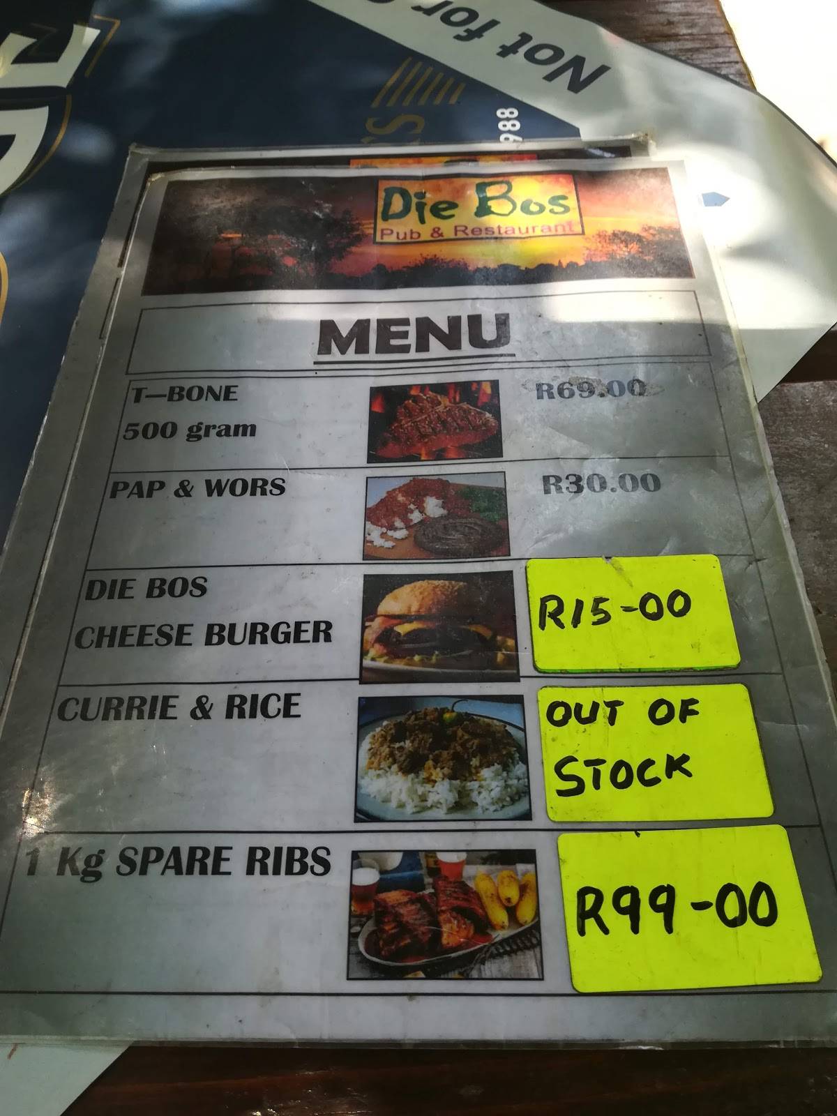 Menu at Die Bos Restaurant & Function Venue, Pretoria