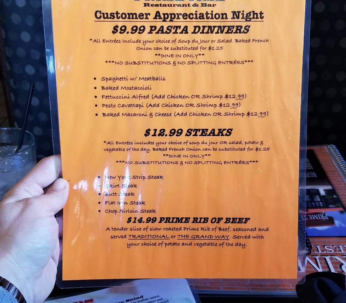 Menu at Prime Time Restaurant, Hickory Hills