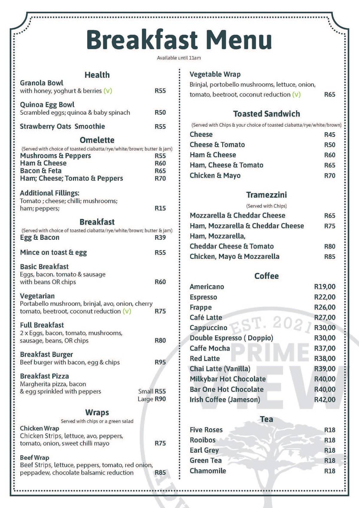 Menu at Prime View Adventure & Leisure restaurant, Olifantsfontein