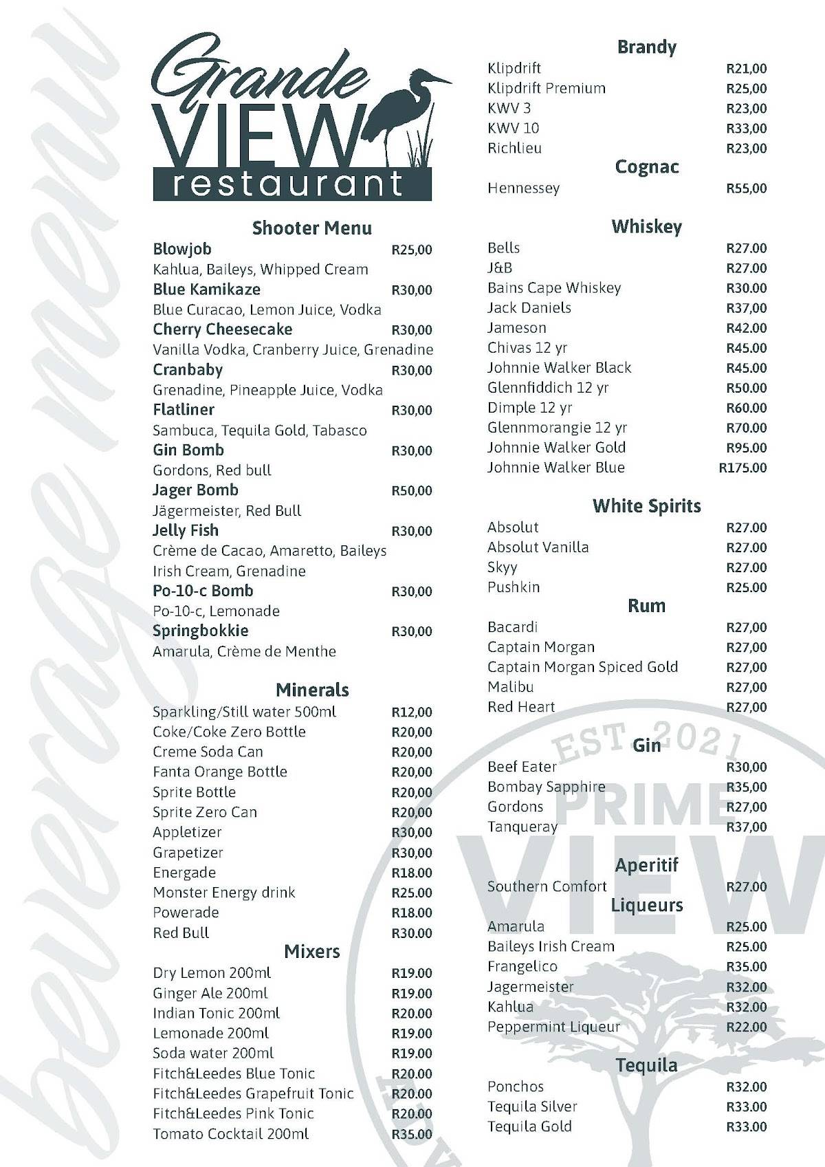 Menu at Prime View Adventure & Leisure restaurant, Olifantsfontein