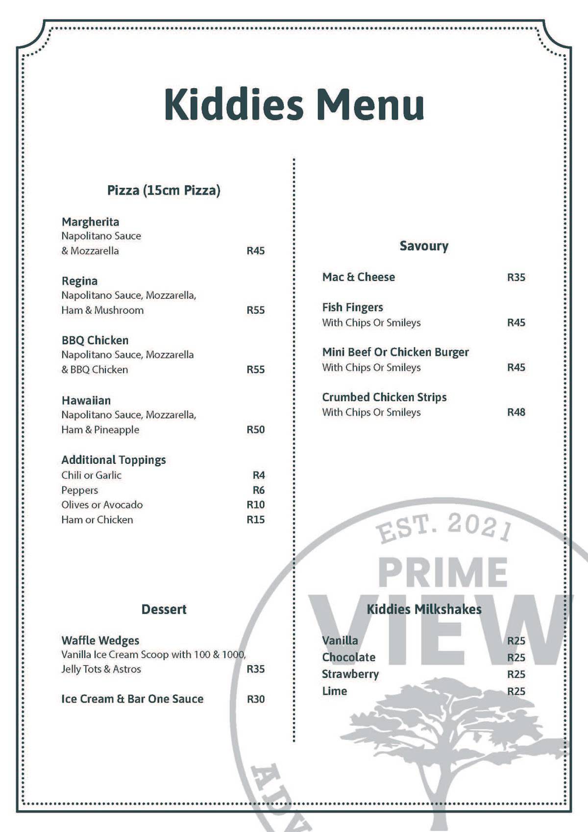 Menu at Prime View Adventure & Leisure restaurant, Olifantsfontein