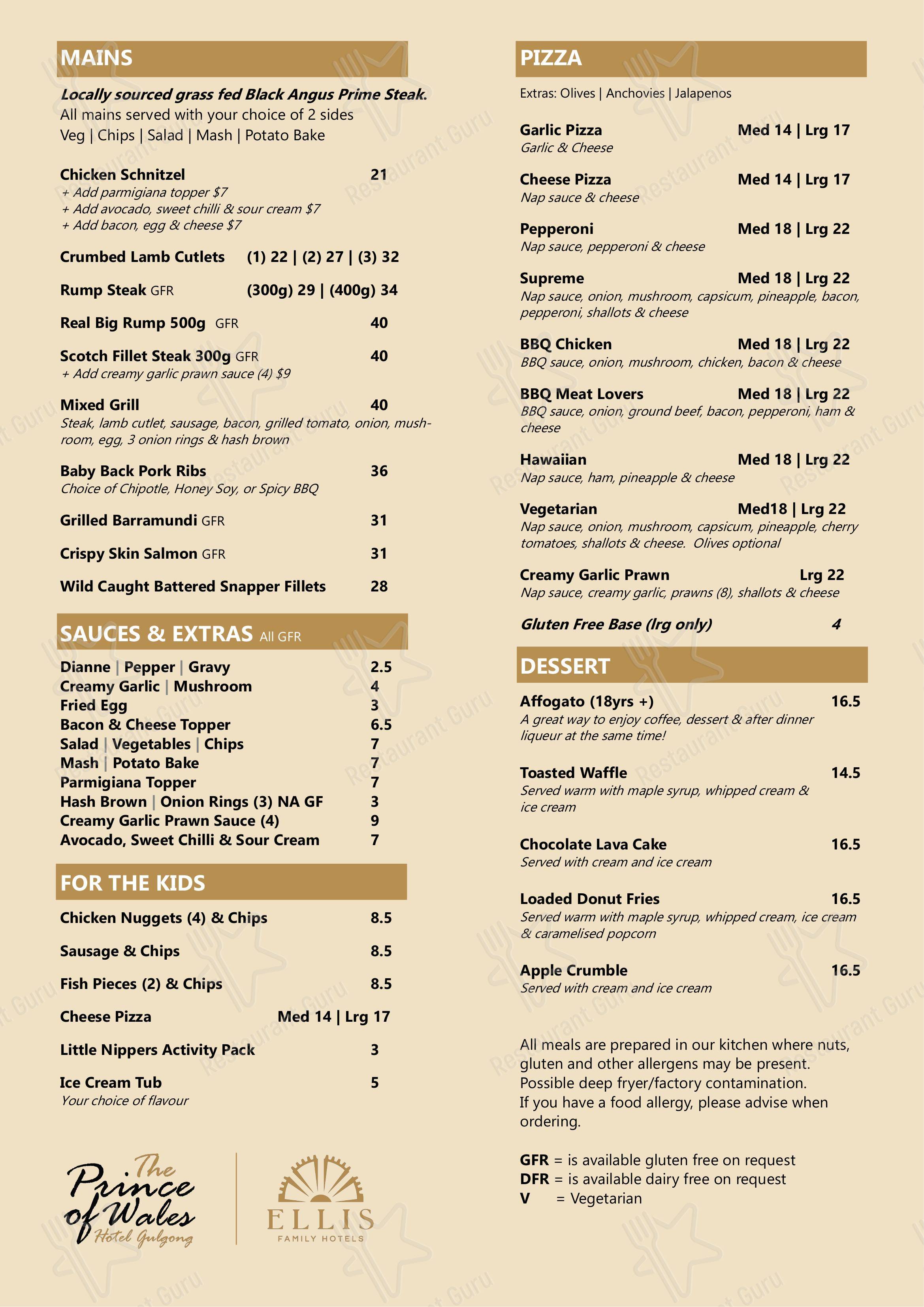 Menu at Prince Of Wales Hotel pub & bar, Gulgong