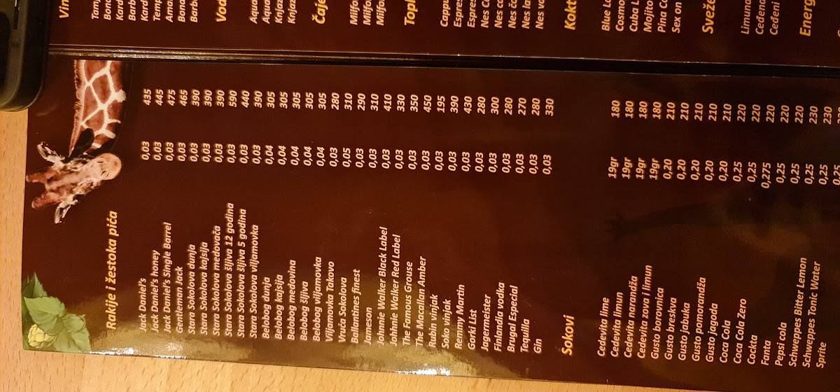 Menu at Pub Zirafa 23, Belgrade, Jasenicka Street