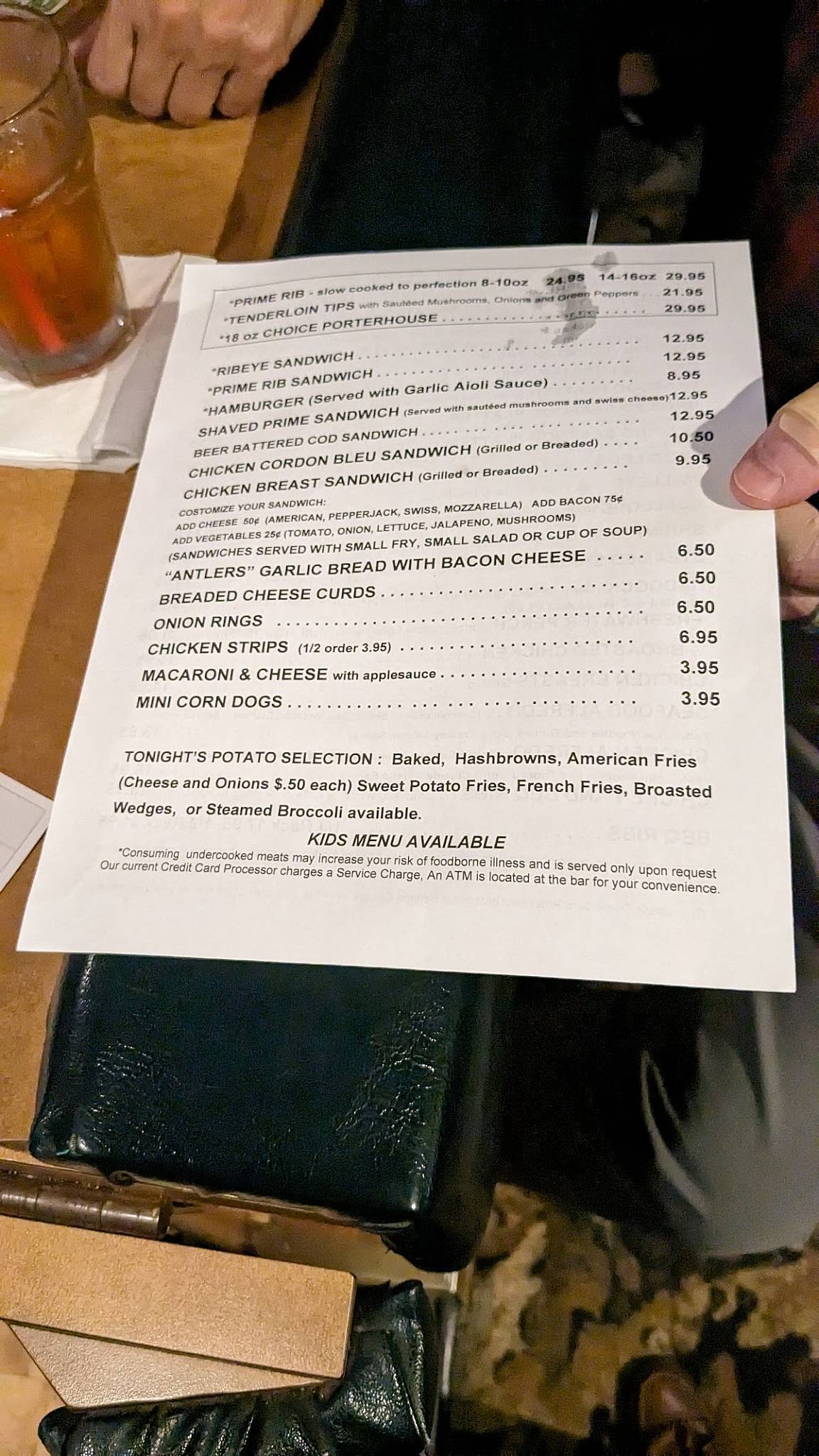 Menu at Antlers Supper Club, Bonduel