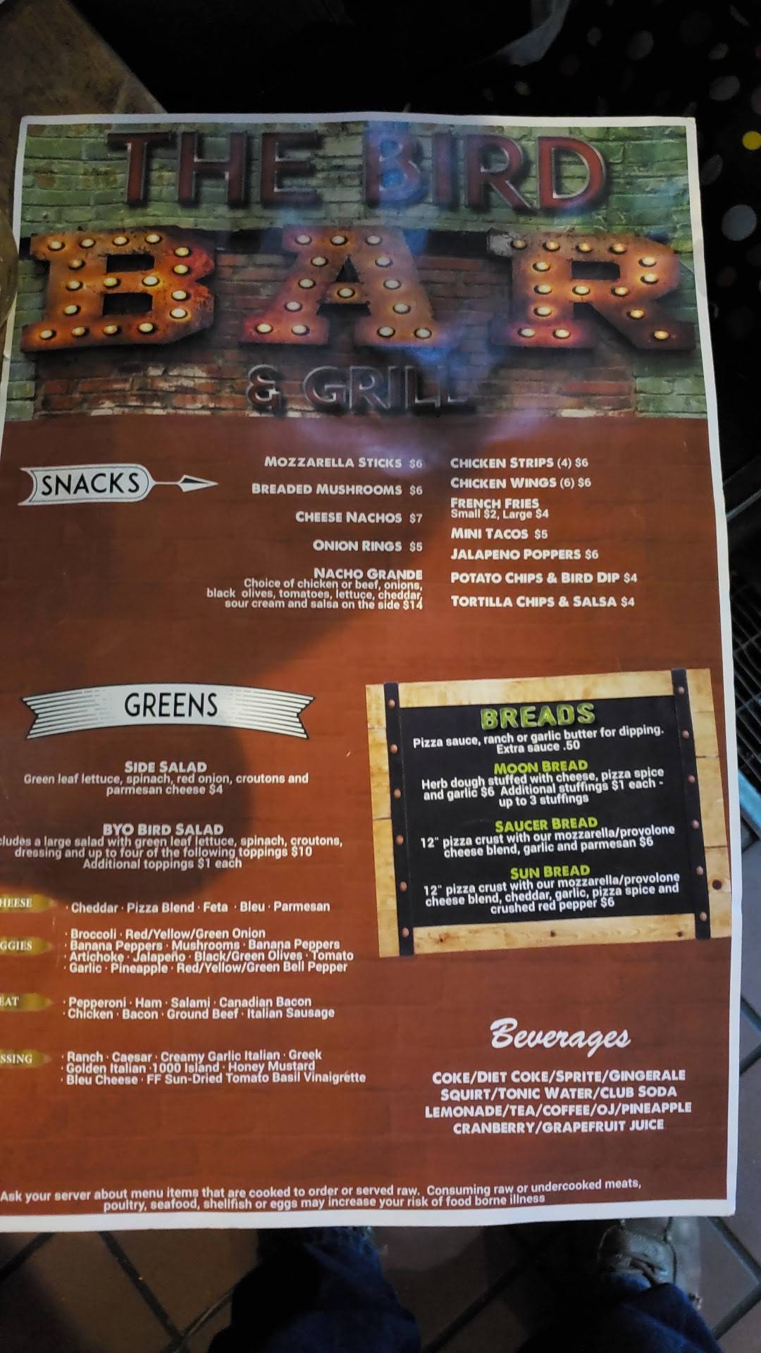 Menu at Bird Bar & Grill, Mount Pleasant