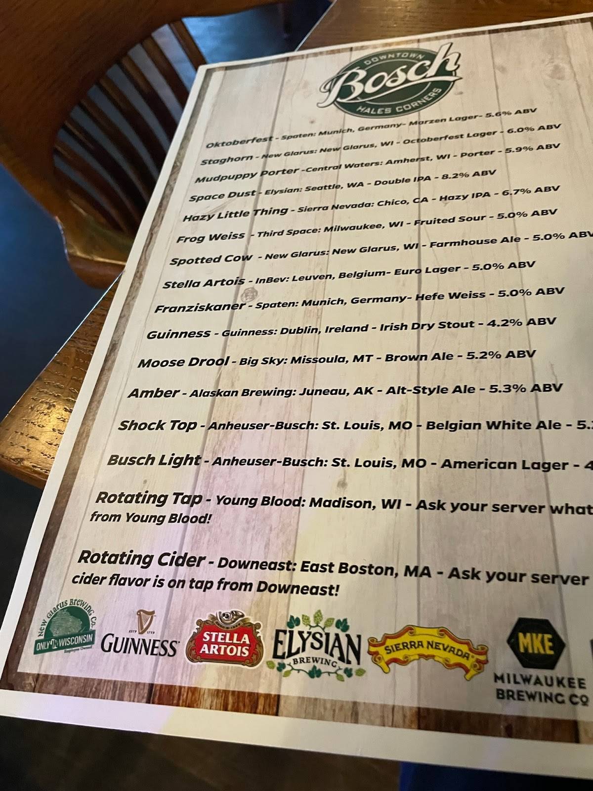Menu at Bosch Food Tavern pub & bar, Hales Corners