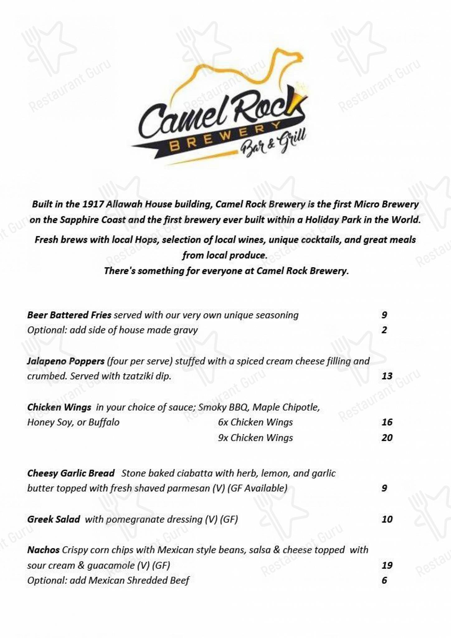 Menu at Camel Rock Brewery pub & bar, Wallaga Lake