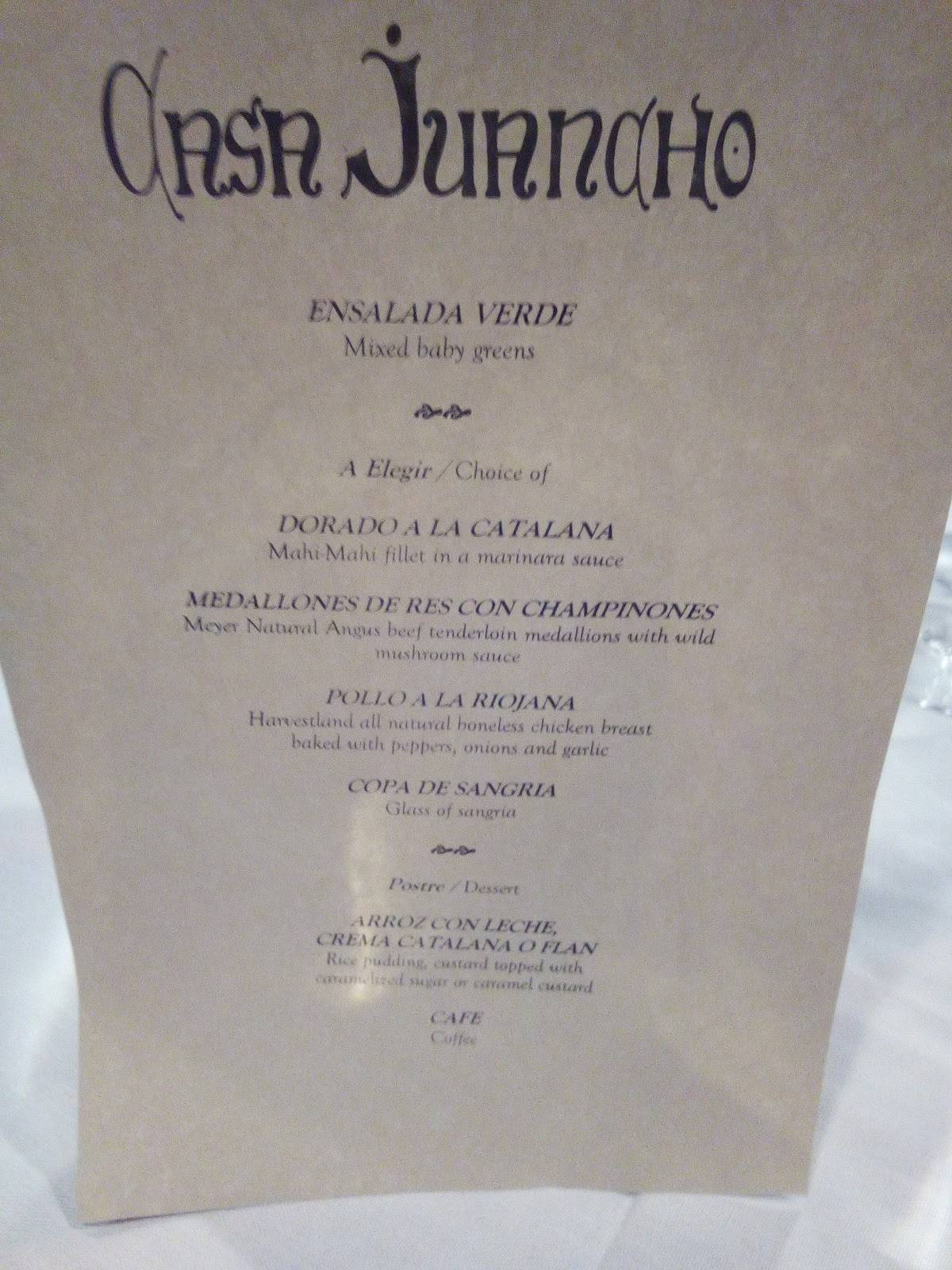 Menu at Casa Juancho restaurant, Miami