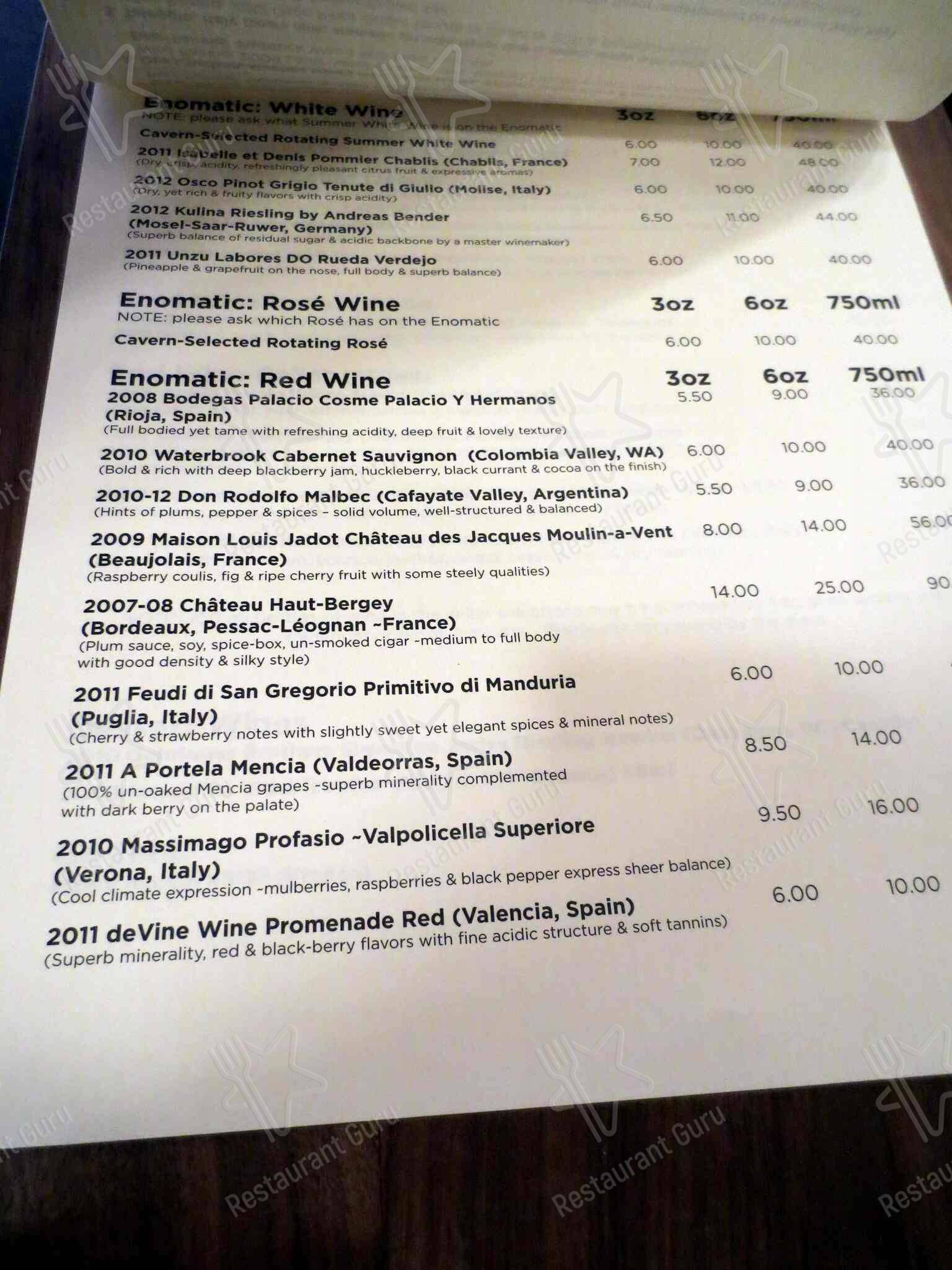 Menu at Cavern pub & bar, Edmonton