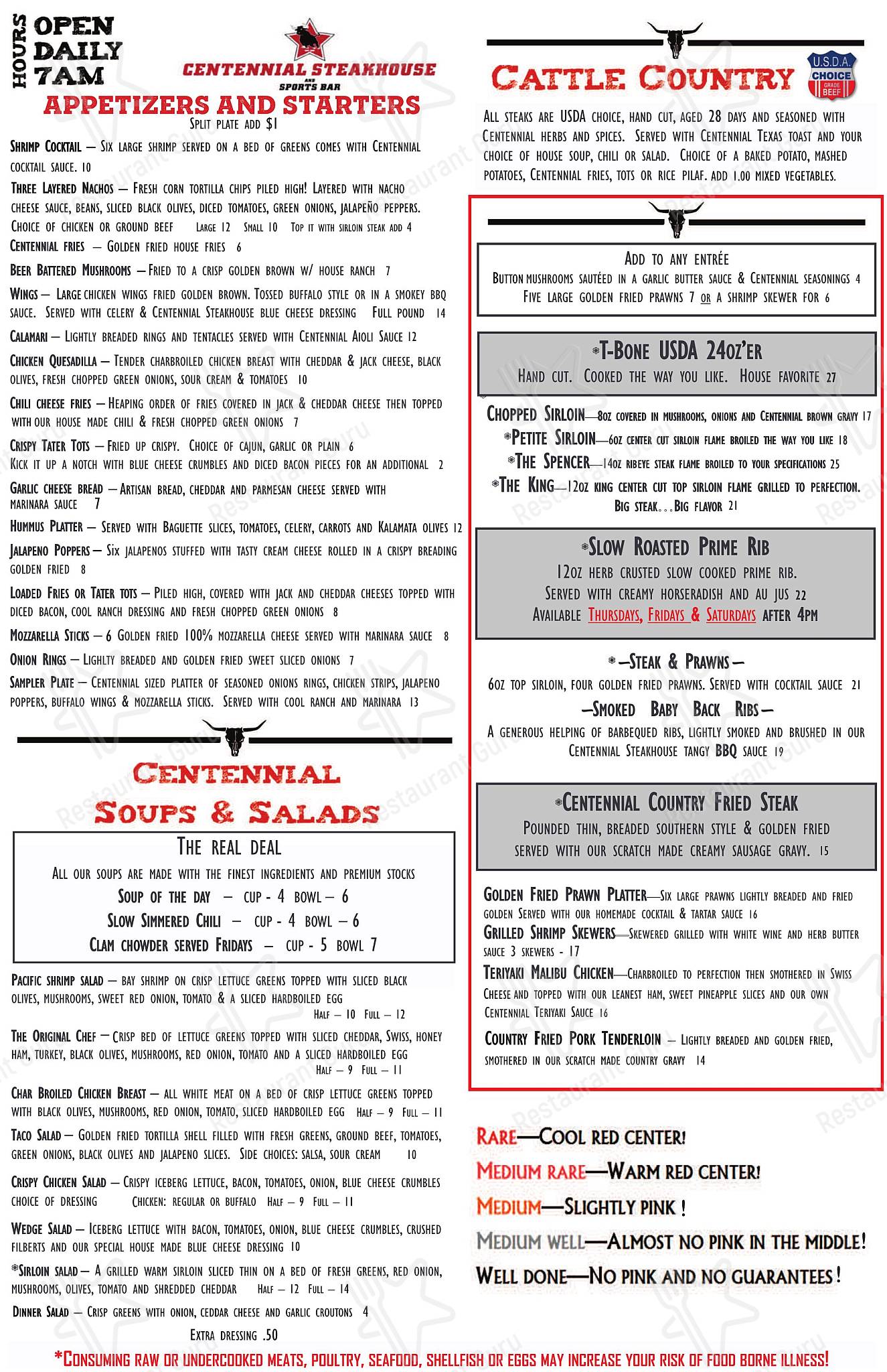 Menu at Centennial Steak House and Sports Bar, Springfield