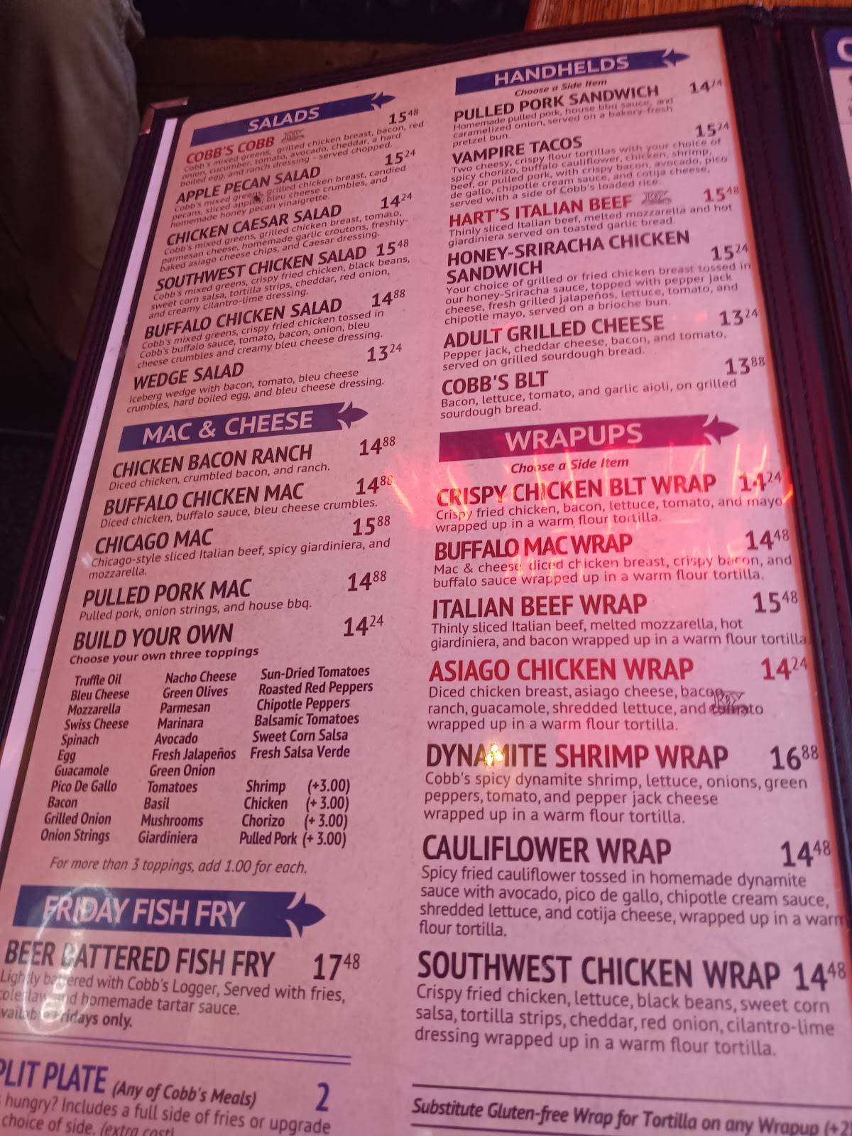 Menu at D.C. Cobb's pub & bar, McHenry