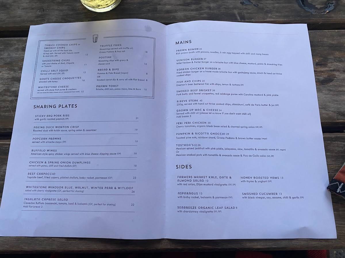 Menu at Emerson's Brewery pub & bar, Dunedin