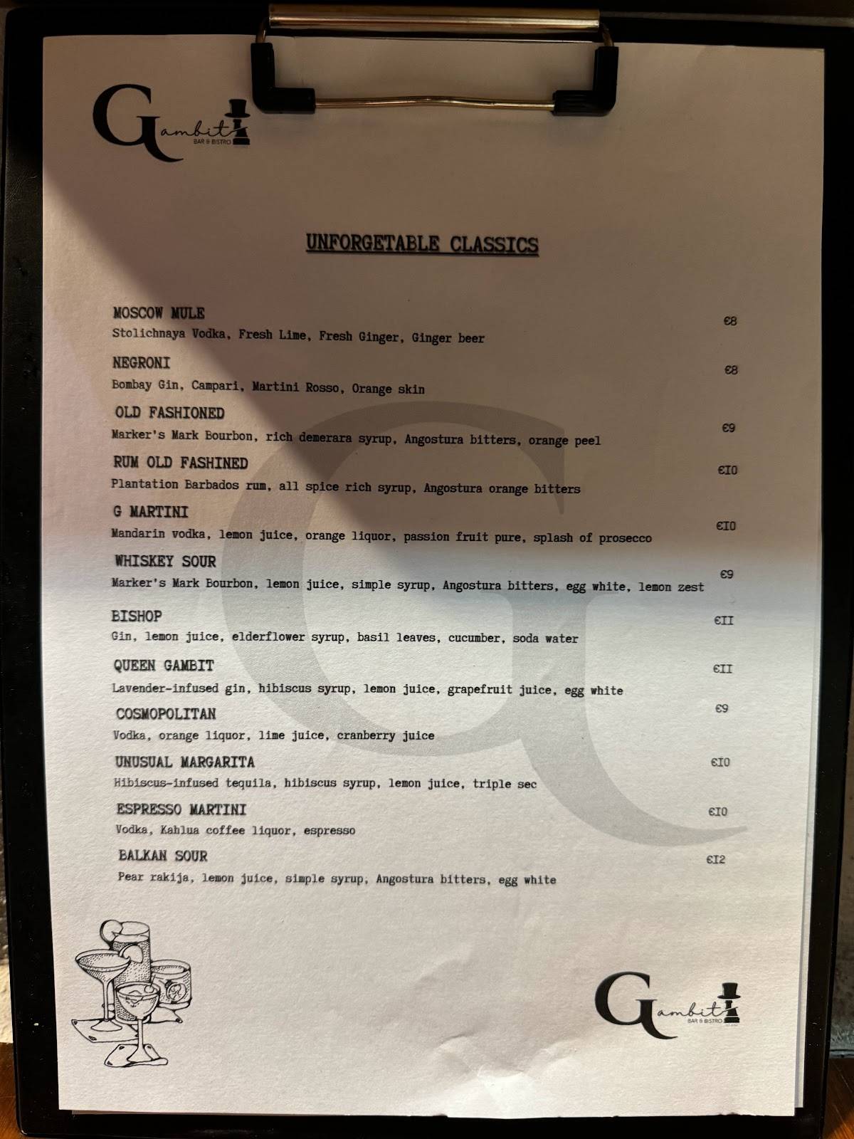 Menu at Gambit Bistro & Bar, Valletta