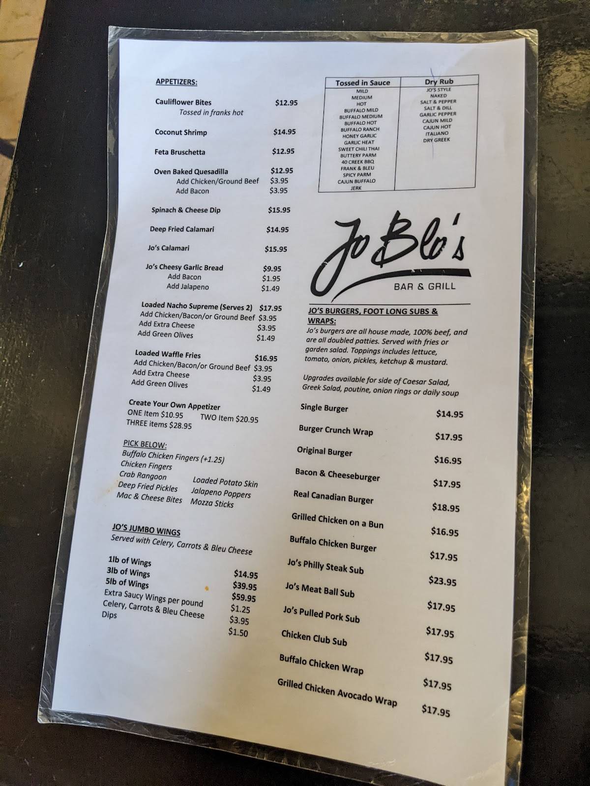 Menu at Jo Blo's Bar & Grill, St. Catharines
