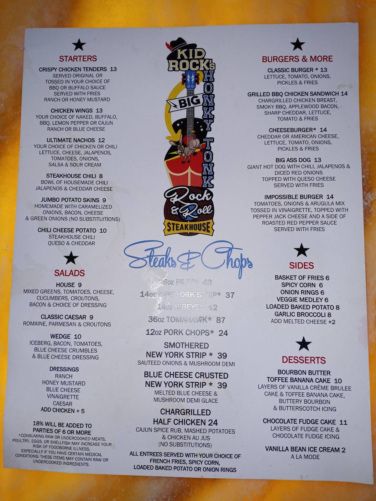 Menu at Kid Rock's Big Ass Honky Tonk Rock N' Roll Steakhouse, Nashville