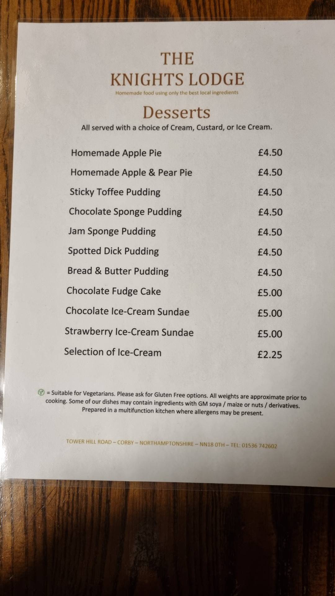 Menu at Knights Lodge pub & bar, Corby, 8 Tower Hill Rd