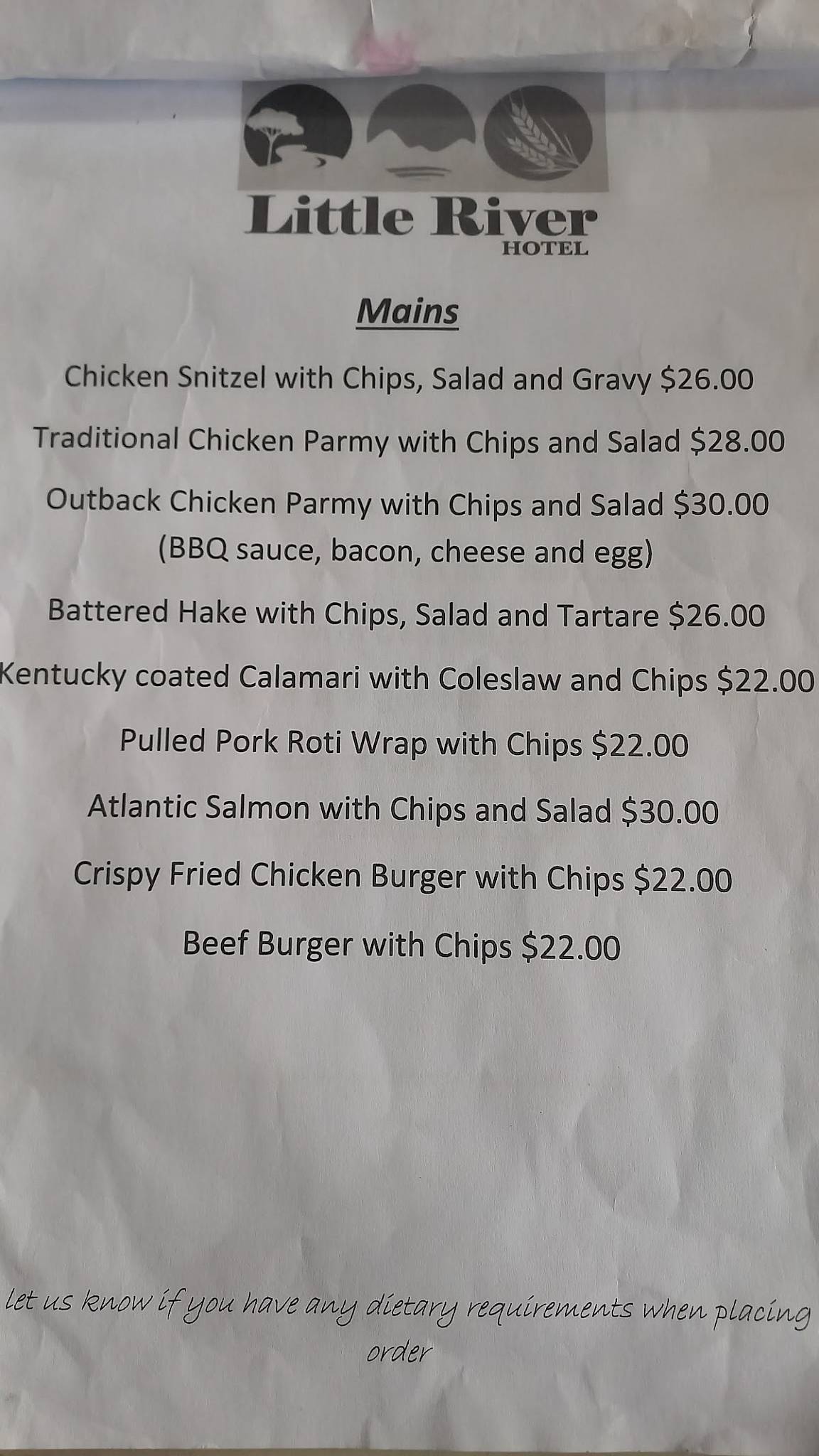 Menu at Little River Hotel Motel pub & bar, Little River