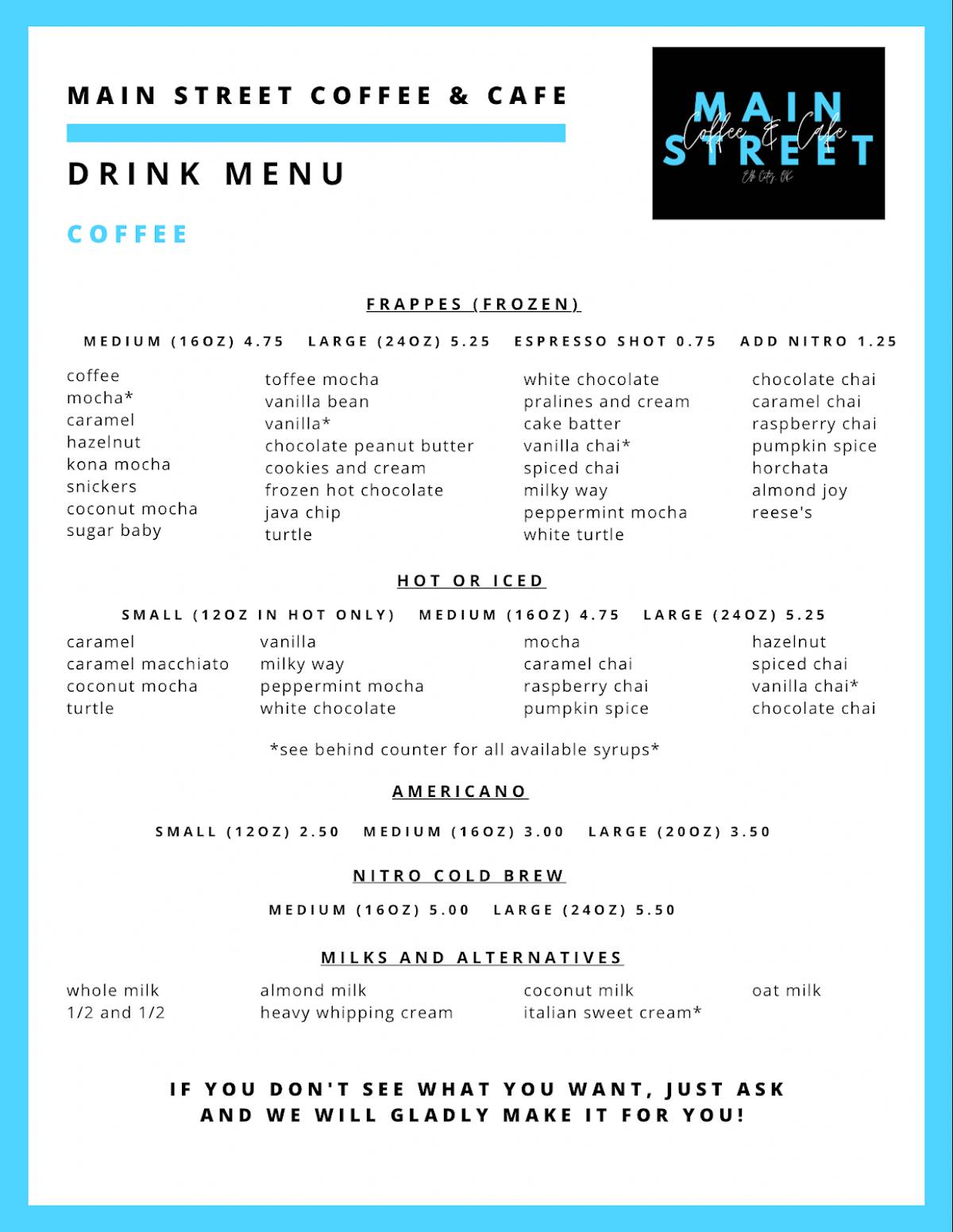 Menu at Main Street Coffee & Cafe, Elk City